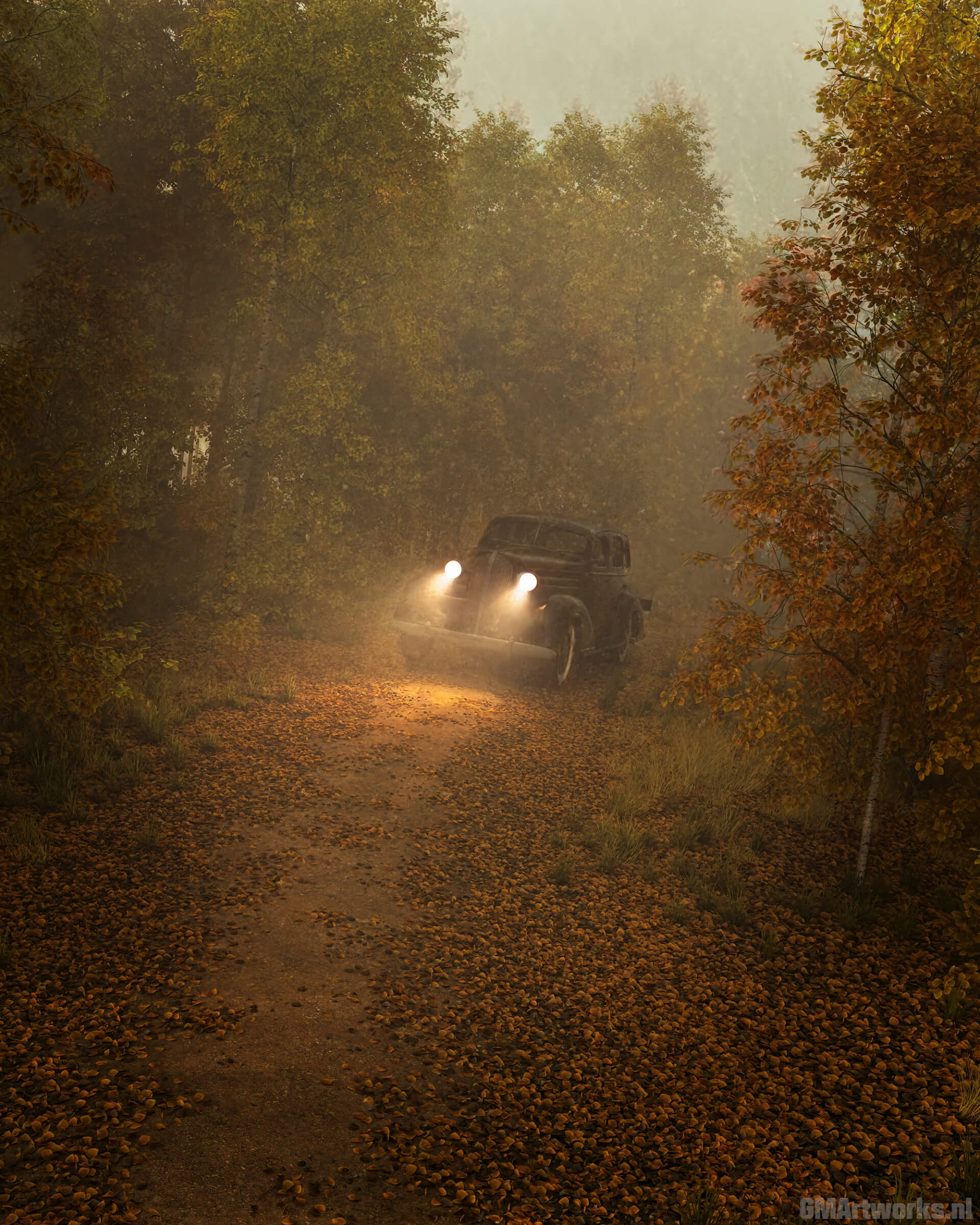 Driving through the autumn forest 3D Render by GMArtworks