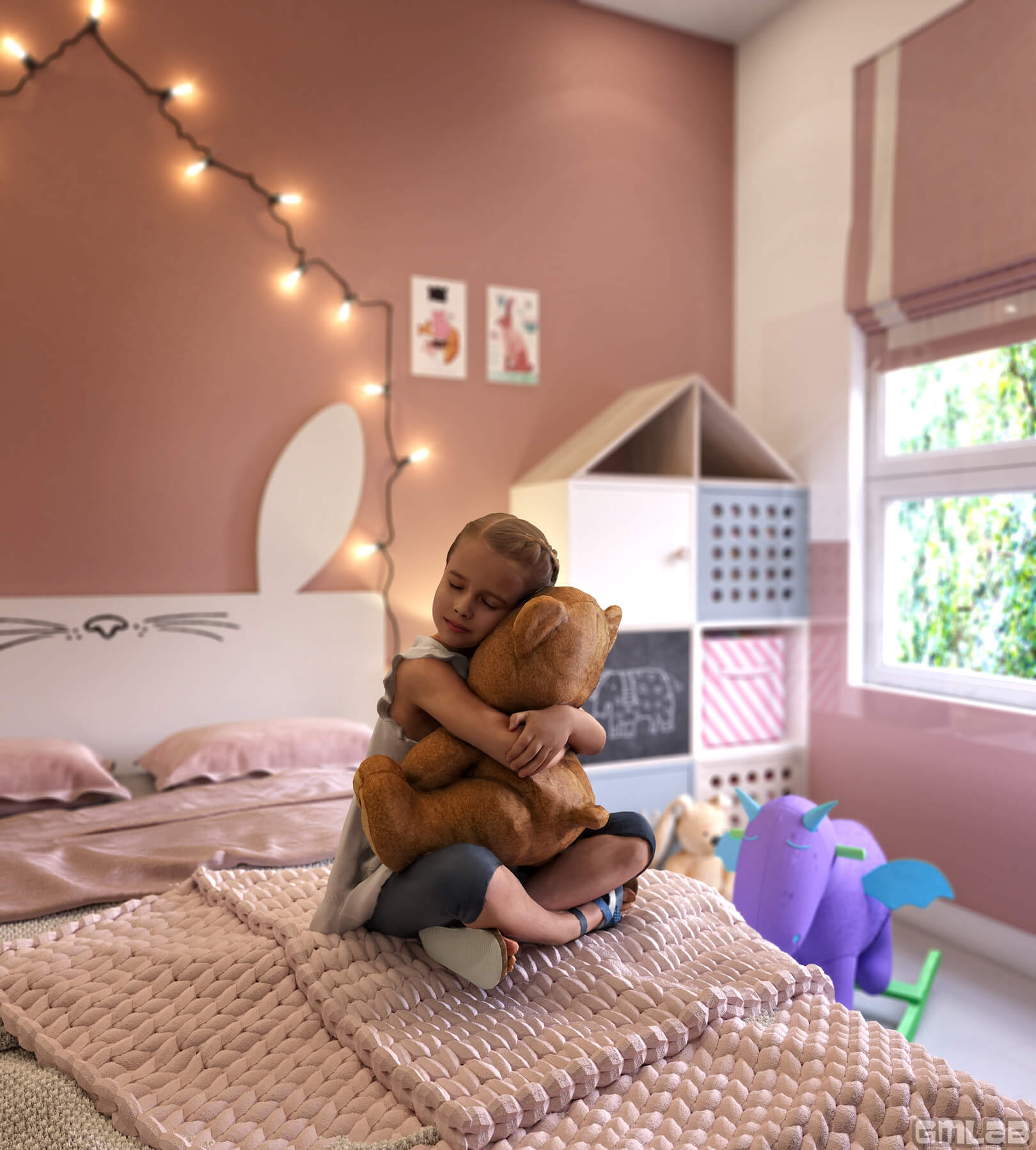 Girl cuddling with her teddy bear 3D Render by GMArtworks