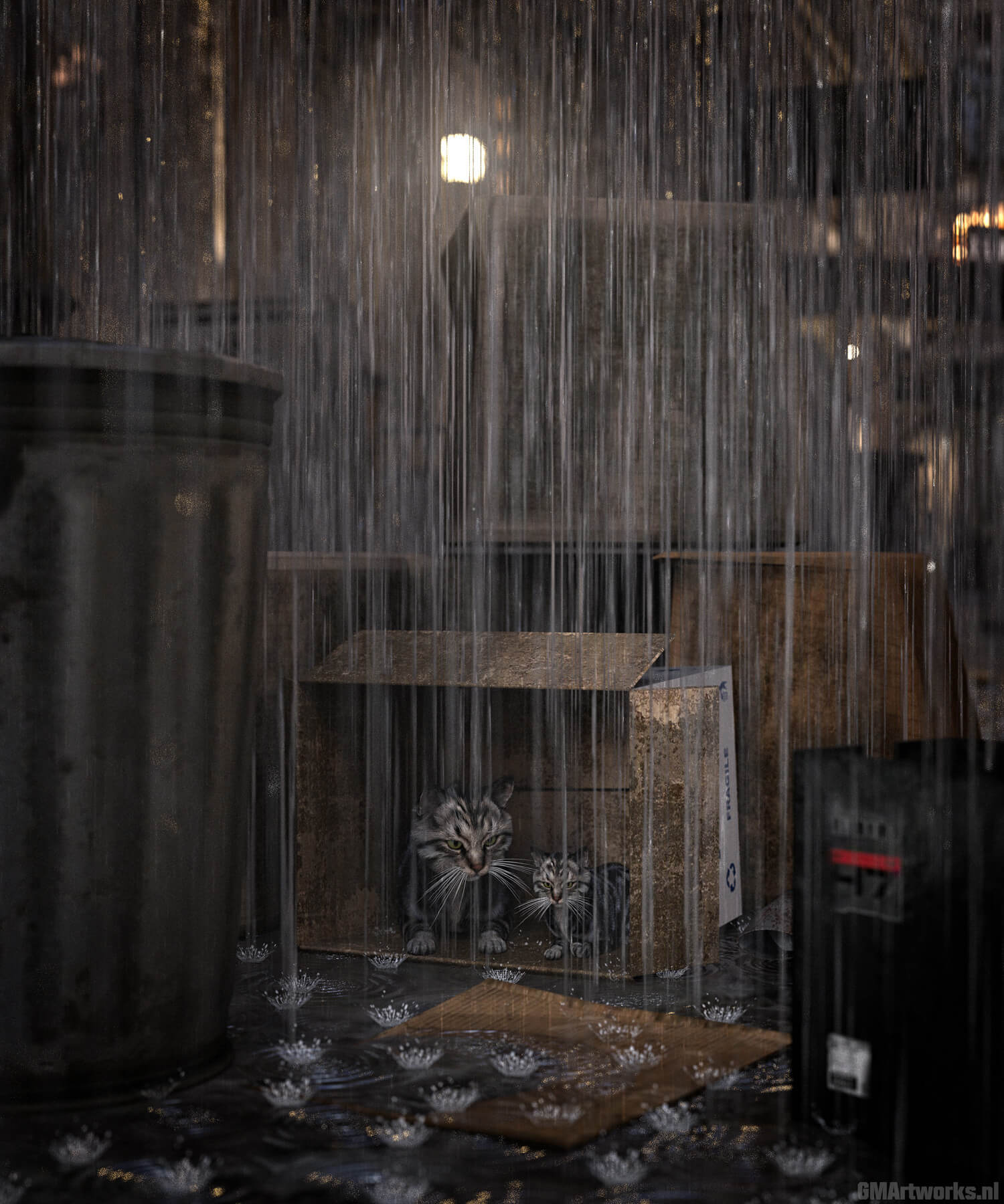 Hiding in the rain together 3D Render, Digital Art by GMArtworks