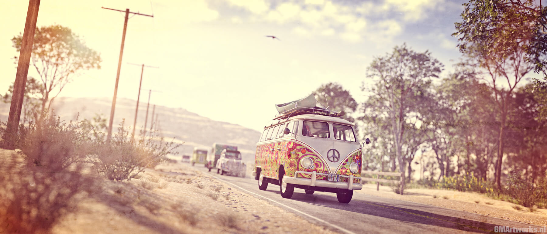Hippie Road Trip 3D Render, Digital Art by GMArtworks