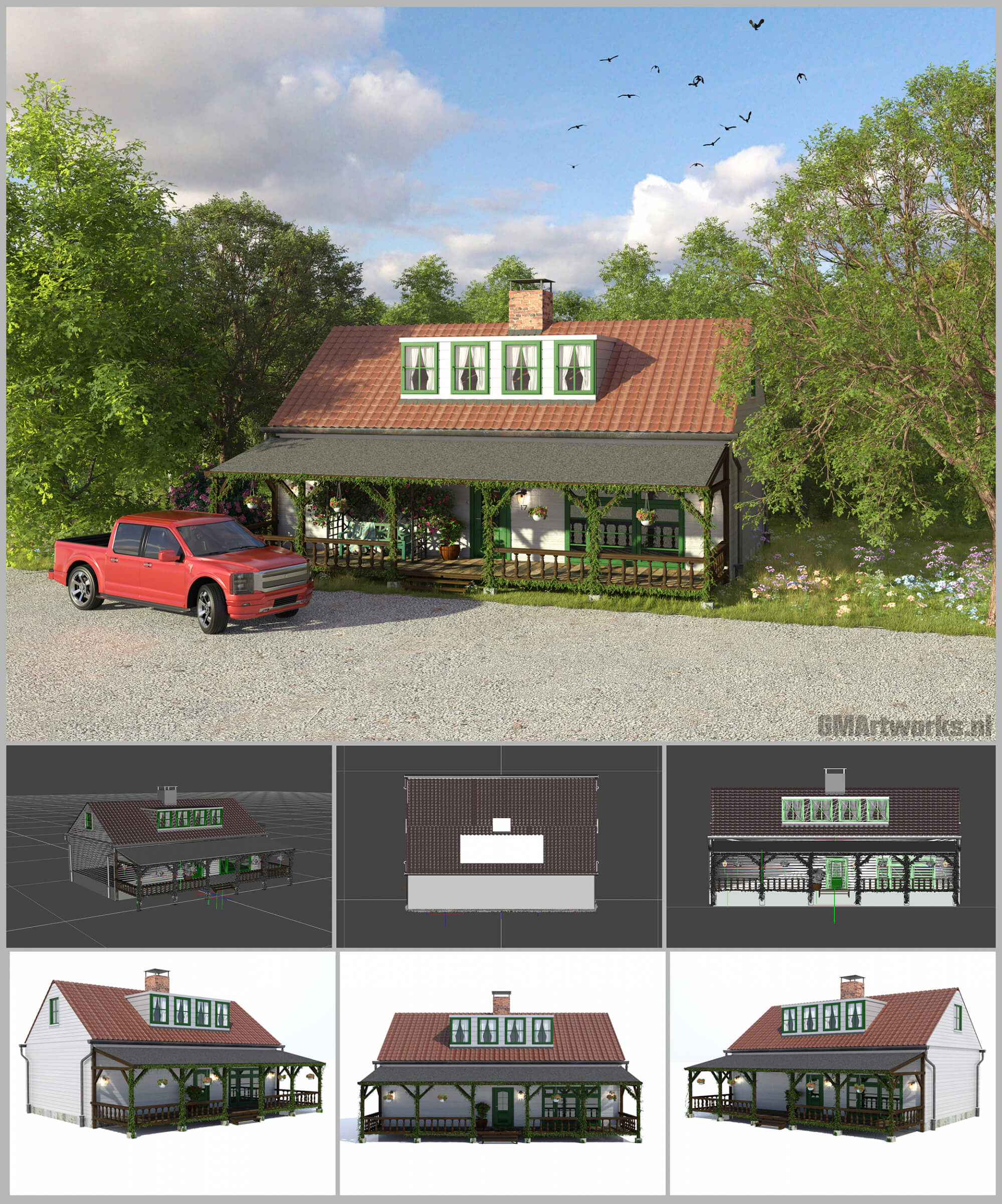 House with front porch 3D Render, Digital Art by GMArtworks