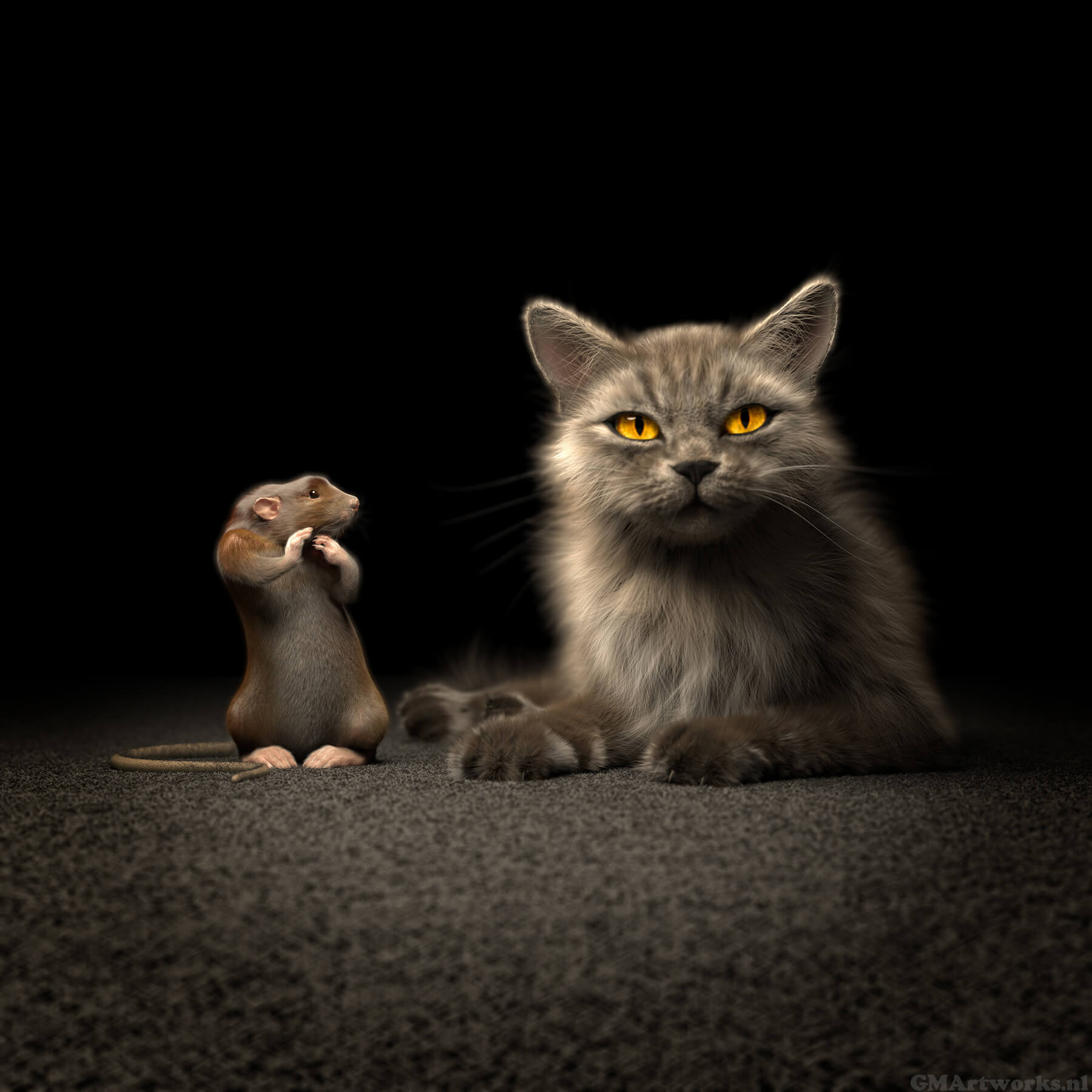 Imposing Cat and the Rat 3D Render, Digital Art by GMArtworks