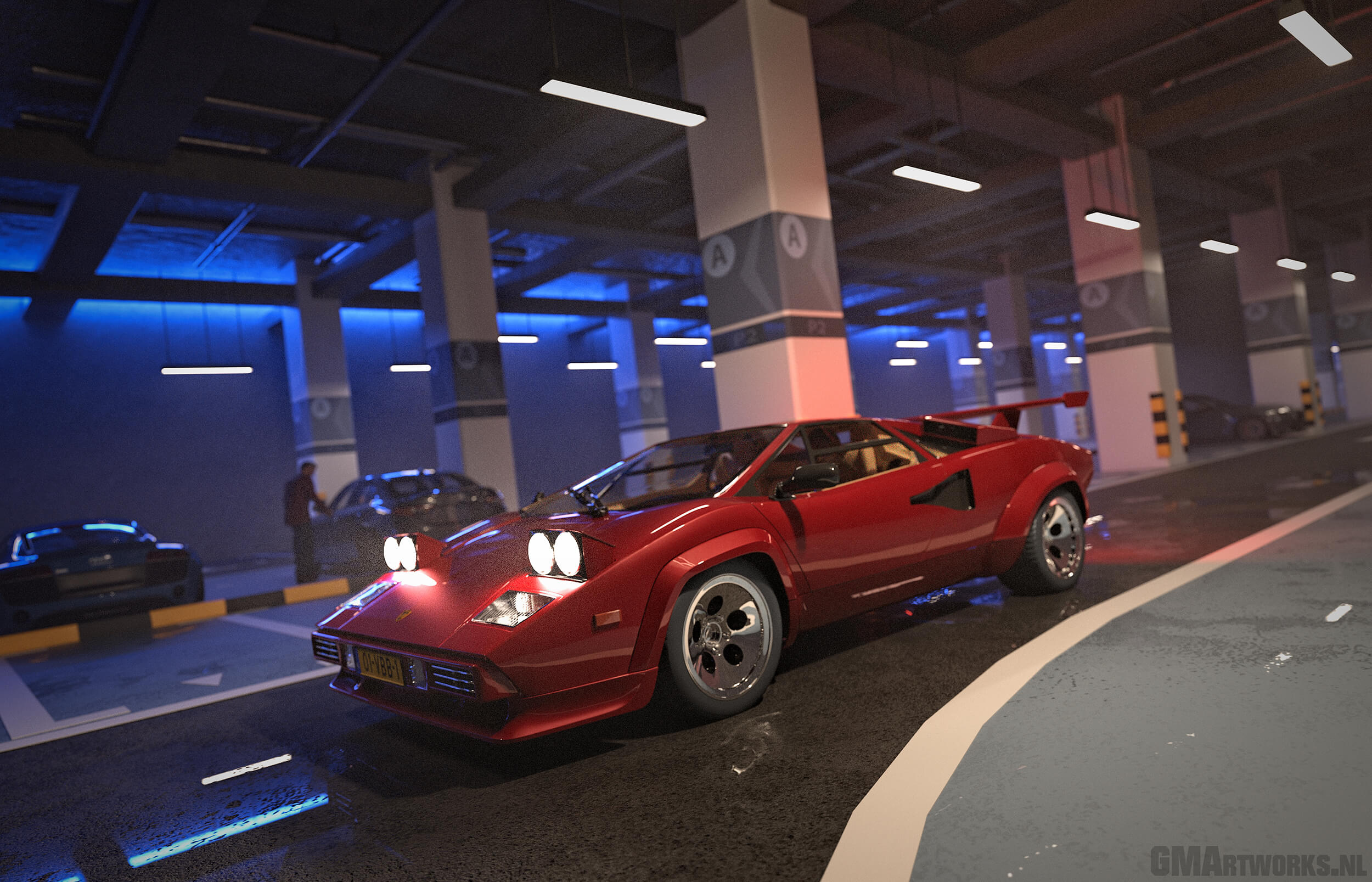Lamborghini Countach 5000 QV 1985 Parking Lot Scene 3D Render