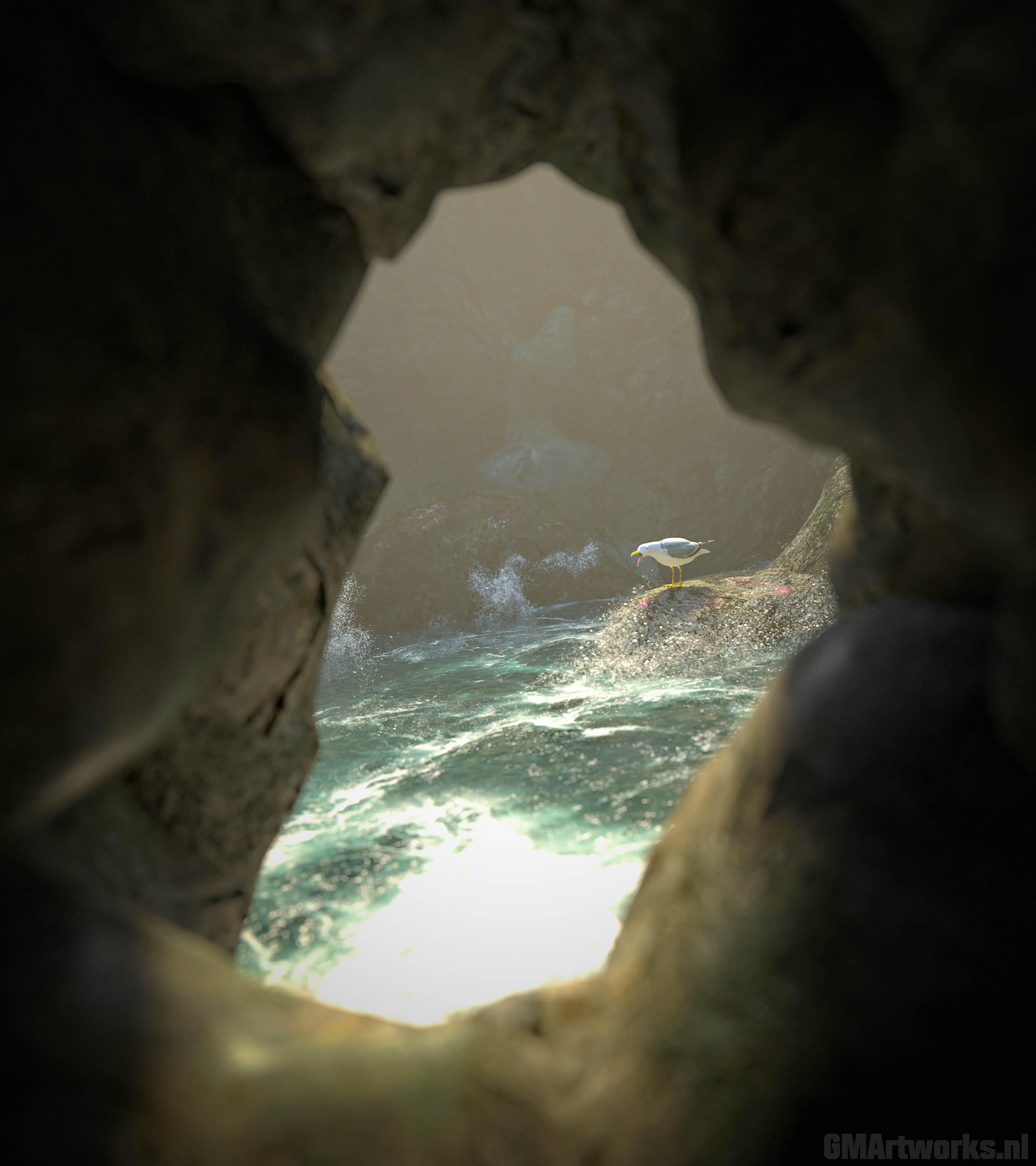 Ocean Cave 3D Render, Digital Art by GMArtworks