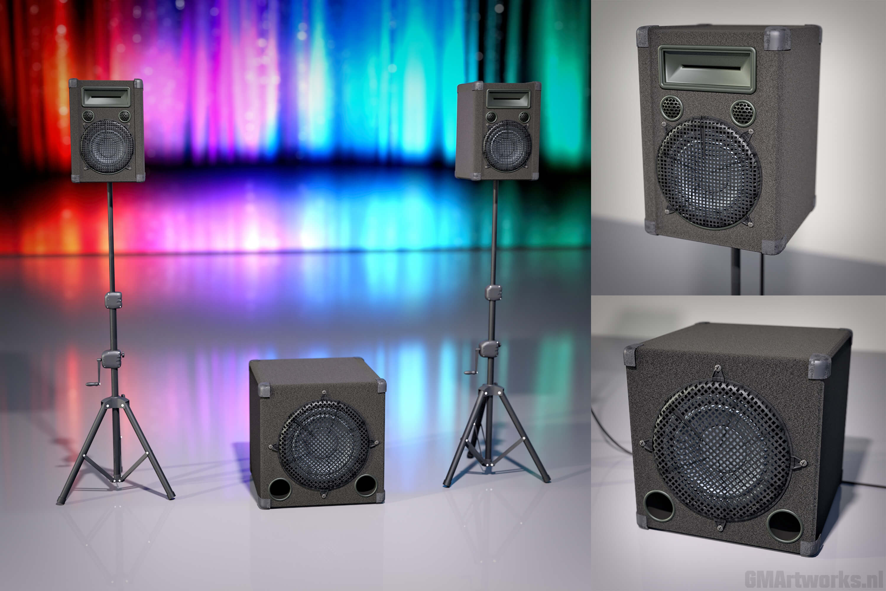 PA Speaker Set and Subwoofer 3D Render, Digital Art by GMArtworks