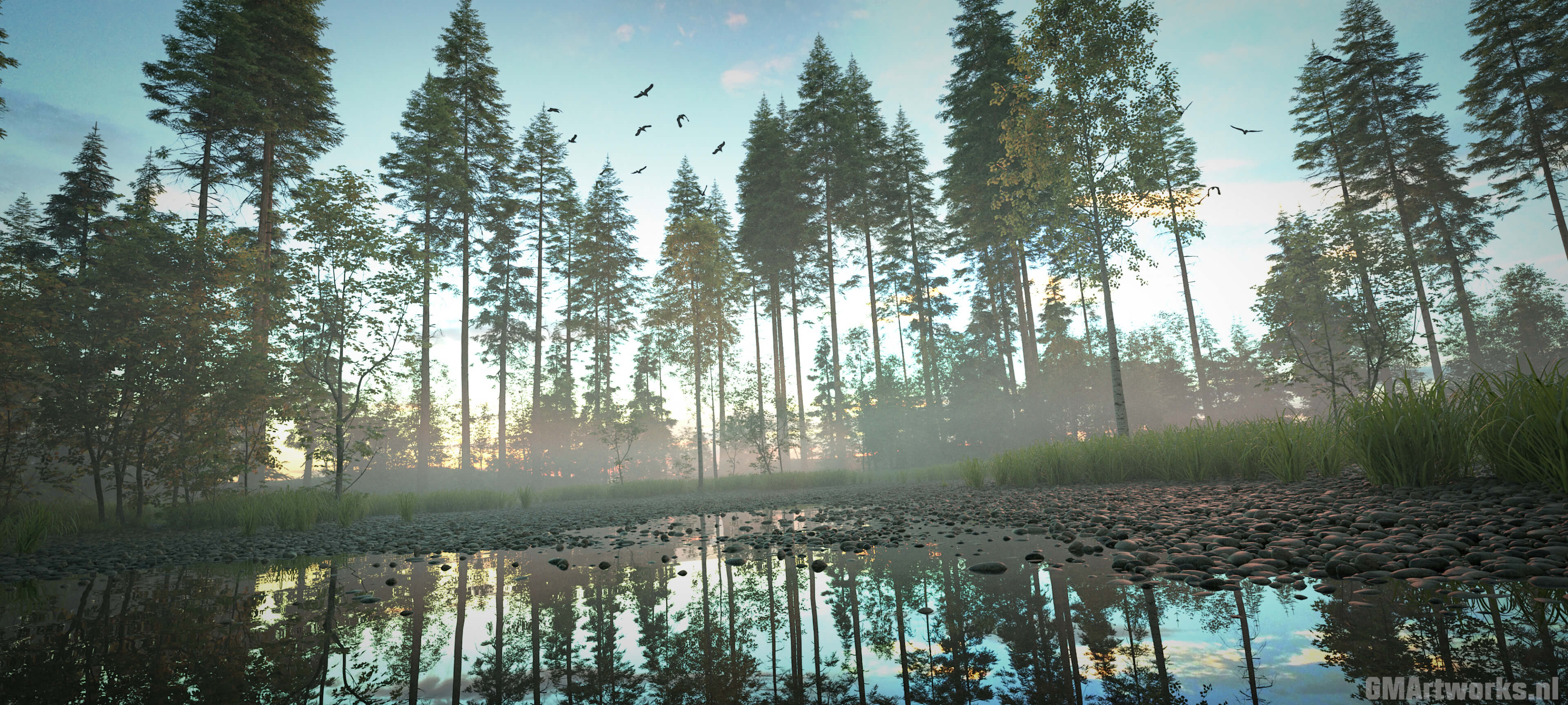 Pebbles Pond 3D Render, Digital Art by GMArtworks