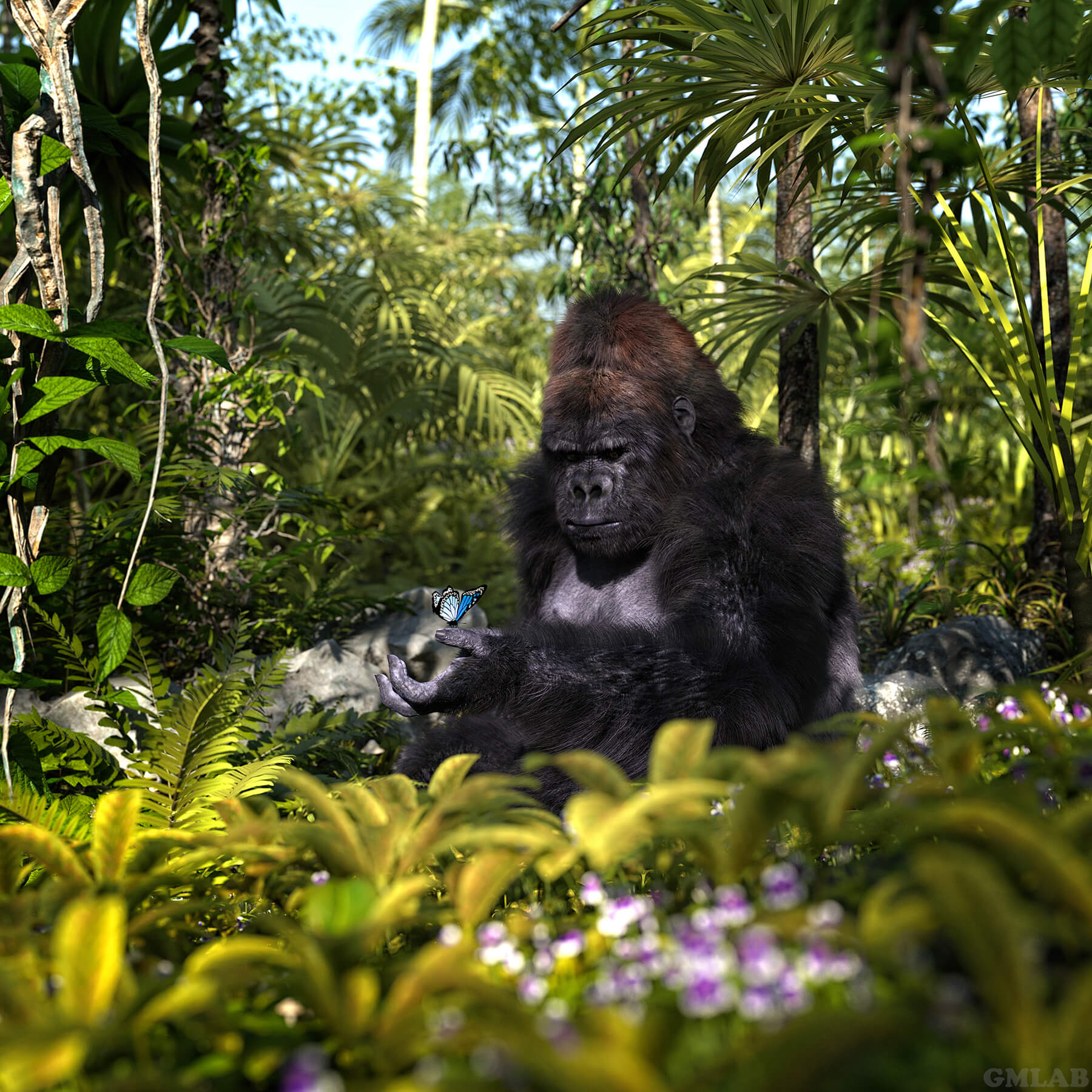 Silverback fascinated by a butterfly 3D Render by GMArtworks