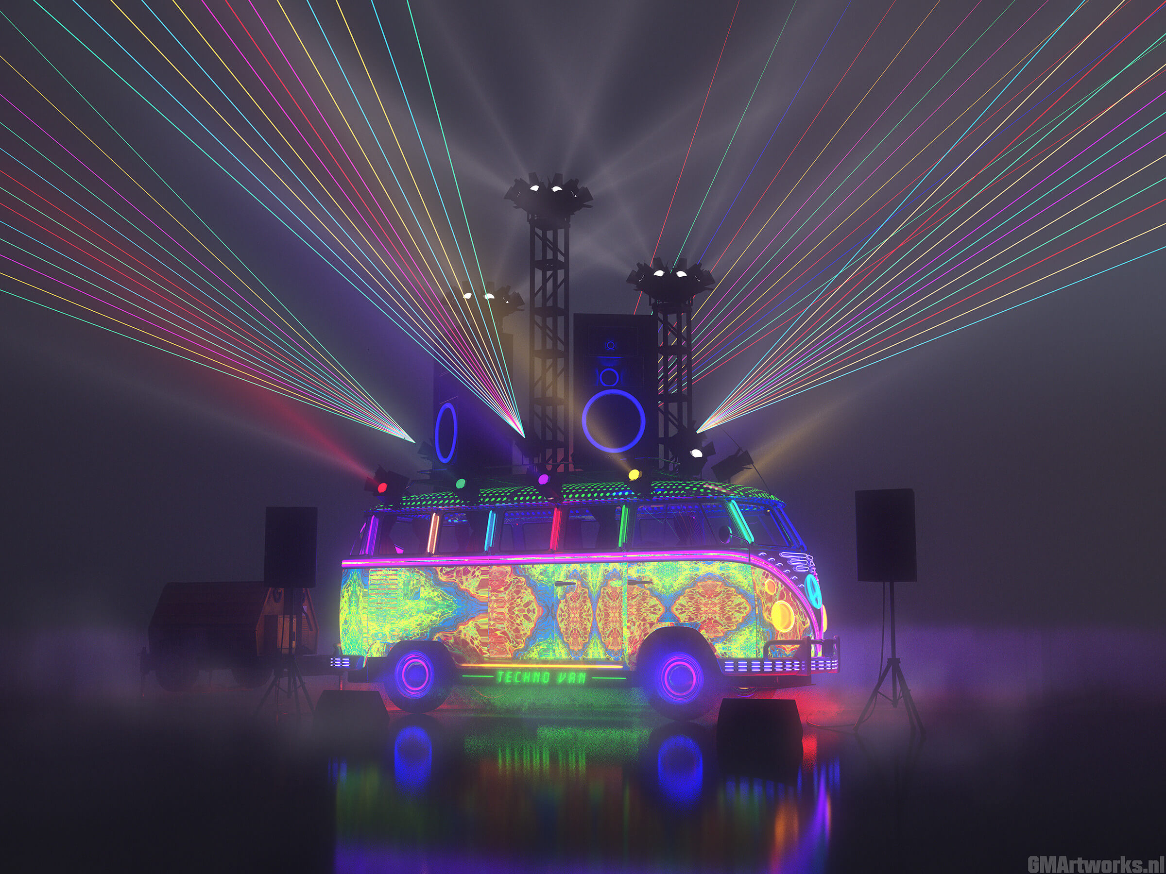 Techno Van 3D Render, Digital Art by GMArtworks