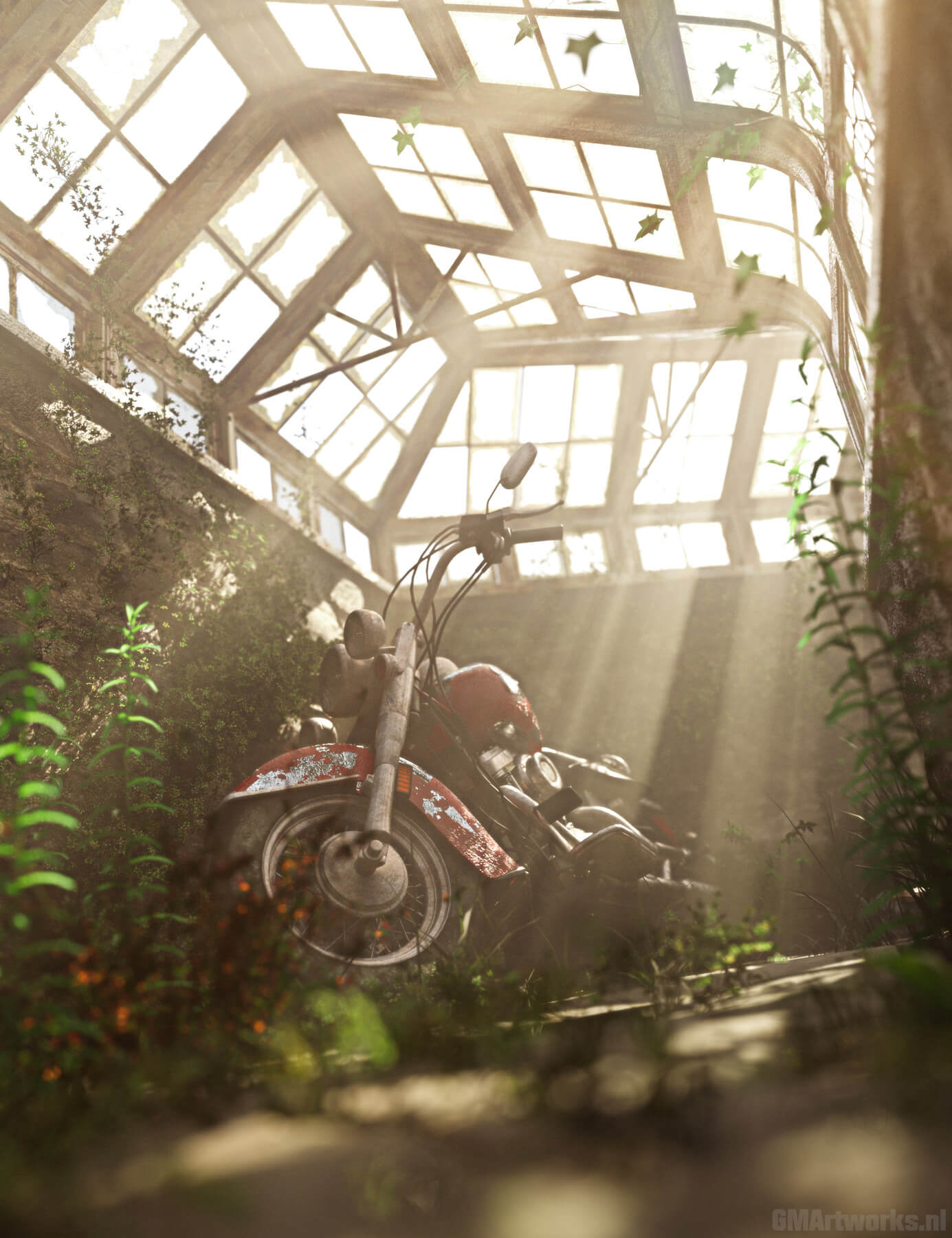 The abandoned old-timer motorcycle 3D Render by GMArtworks