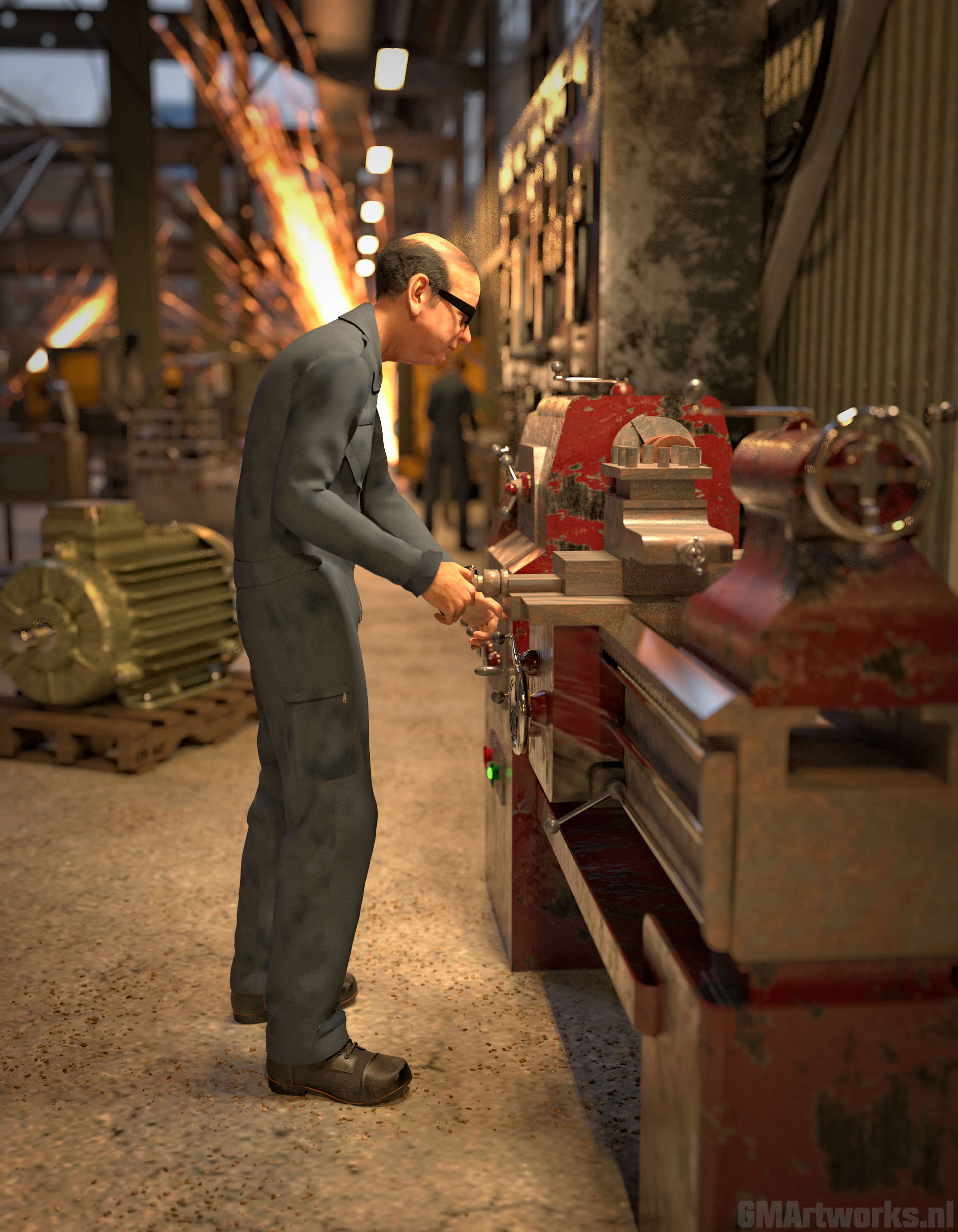 The Lathe Worker 3D Render, Digital Art by GMArtworks