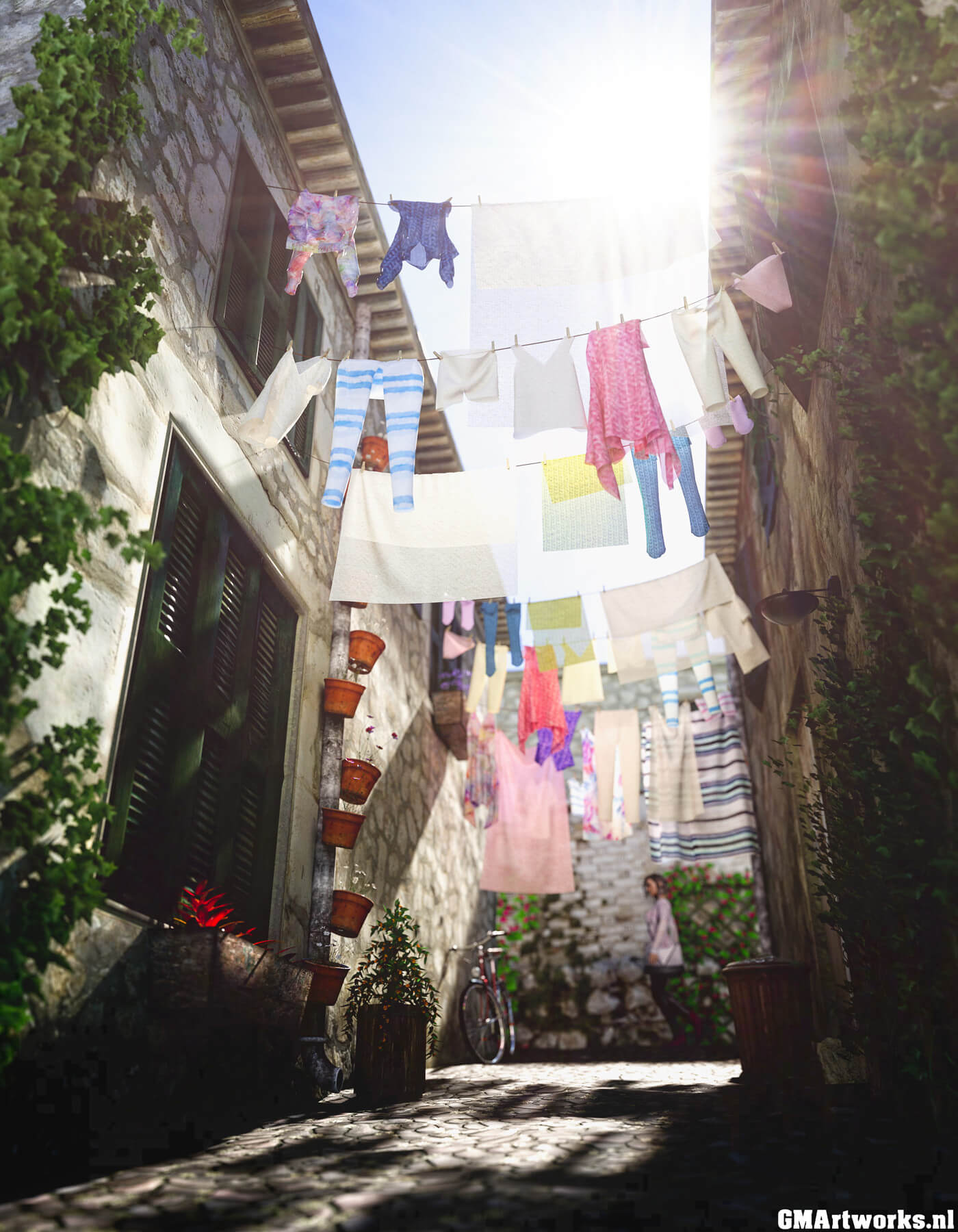 The Laundry in the Street 3D Render, Digital Art by GMArtworks
