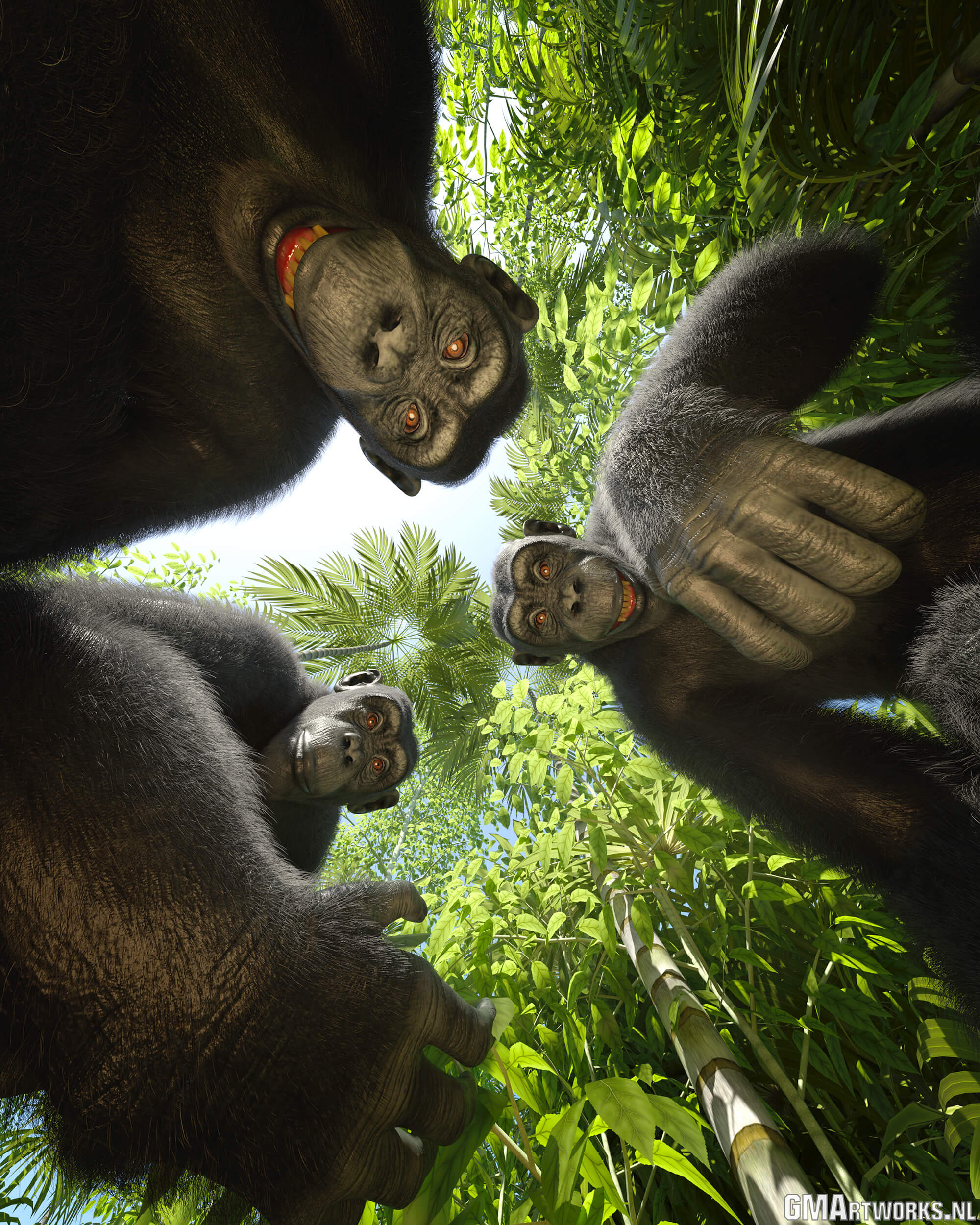 Three chimpanzees look into the camera lens 3D Render