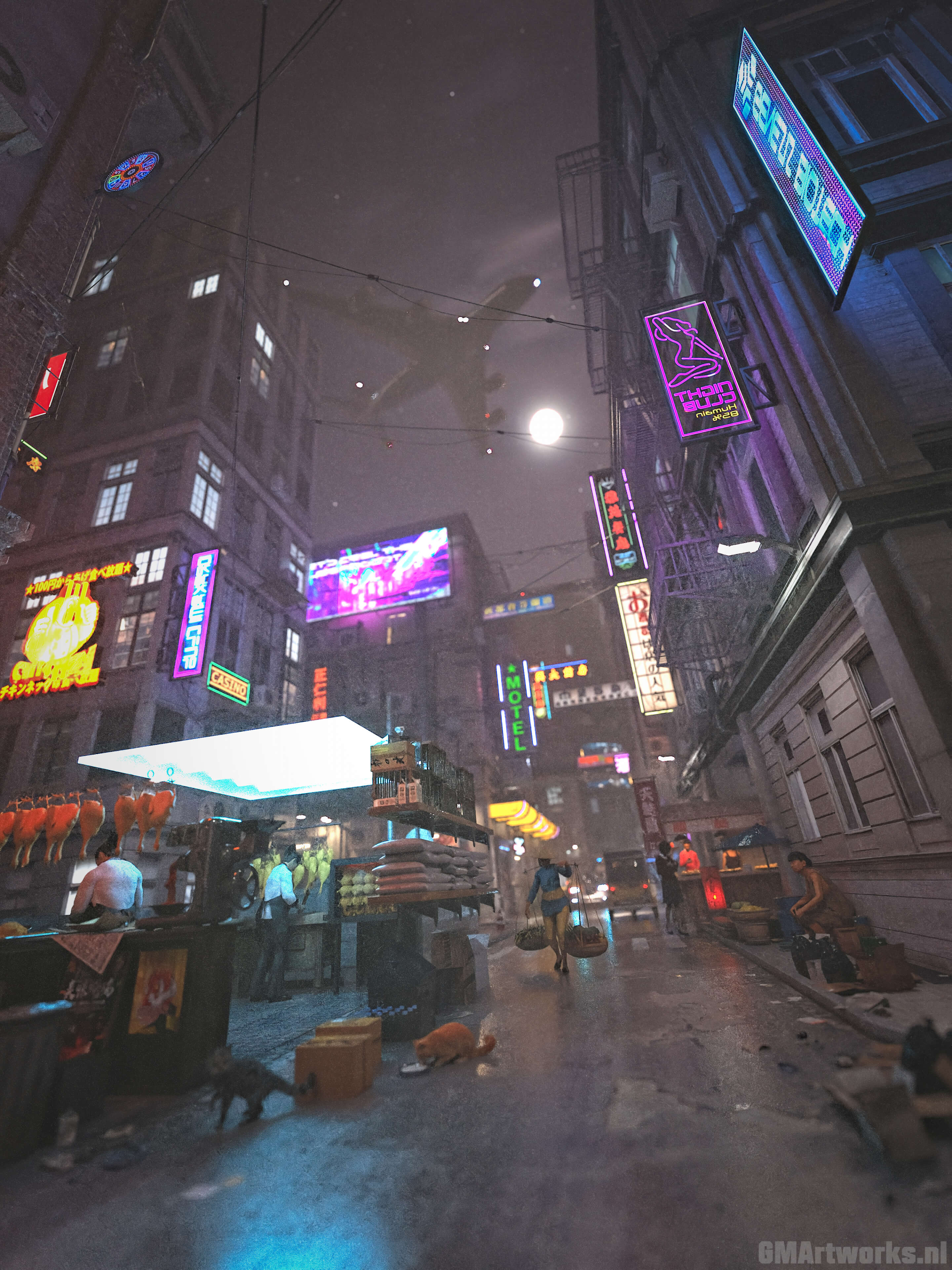 Tokyo Night Market 3D Render, Digital Art by GMArtworks