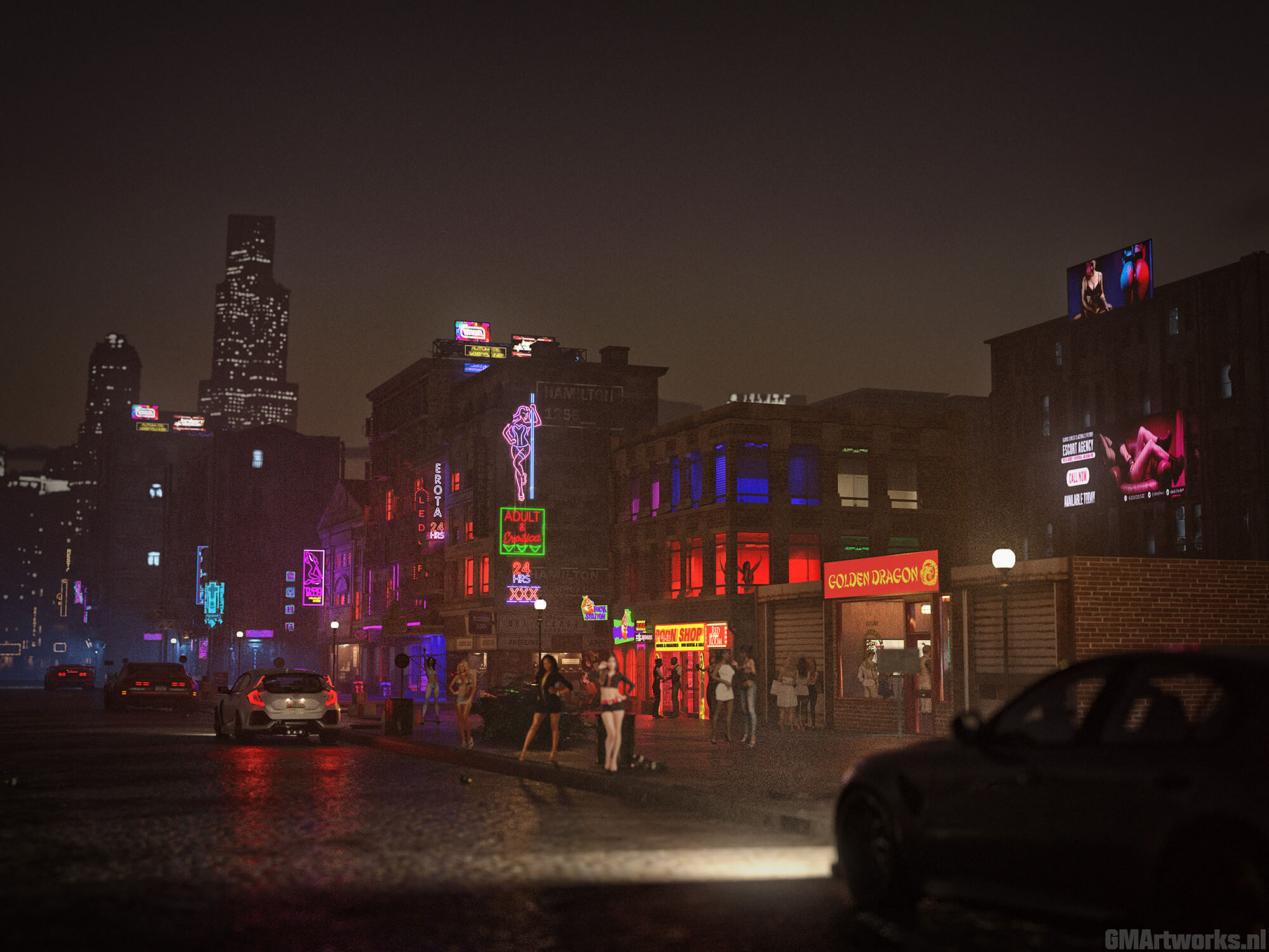 Urban Street 11 Red District 3D Render, Digital Art by GMArtworks