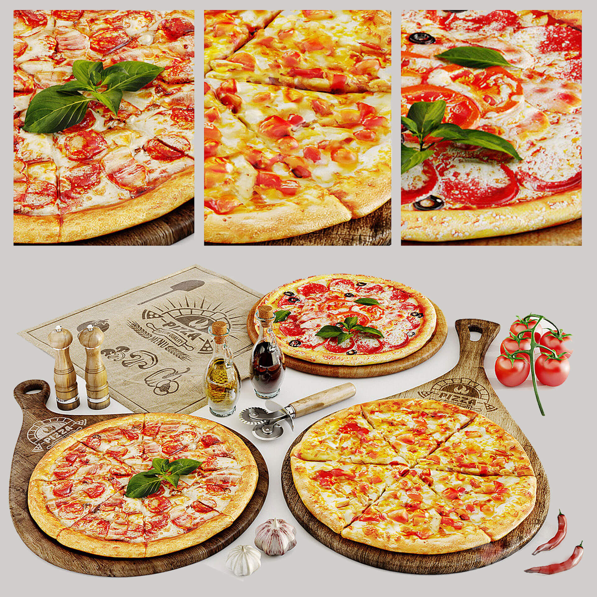 Set of 3 Pizzas - 3D Model by GOLD MASTER