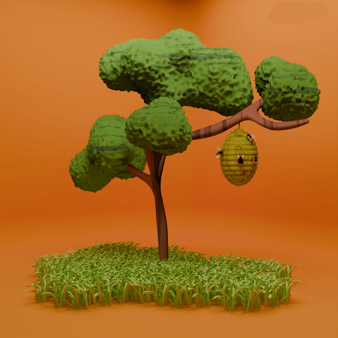Tree with Bee hive honey on Grass 3D Render