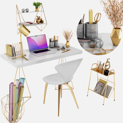 Golden Workplace Set 01 - 3D Model by GreenCG