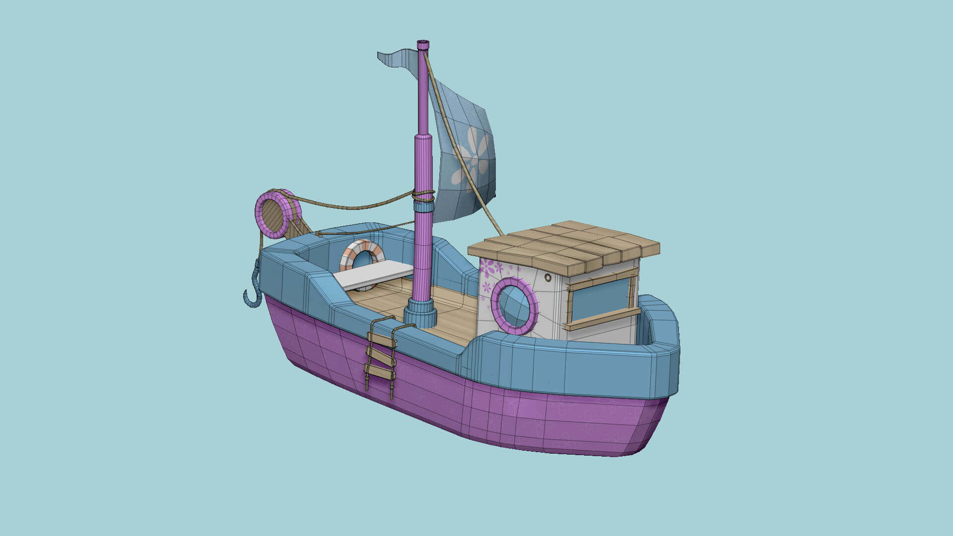 Cartoon Boat 05 - Pink and Blue 3D Model by gsommer