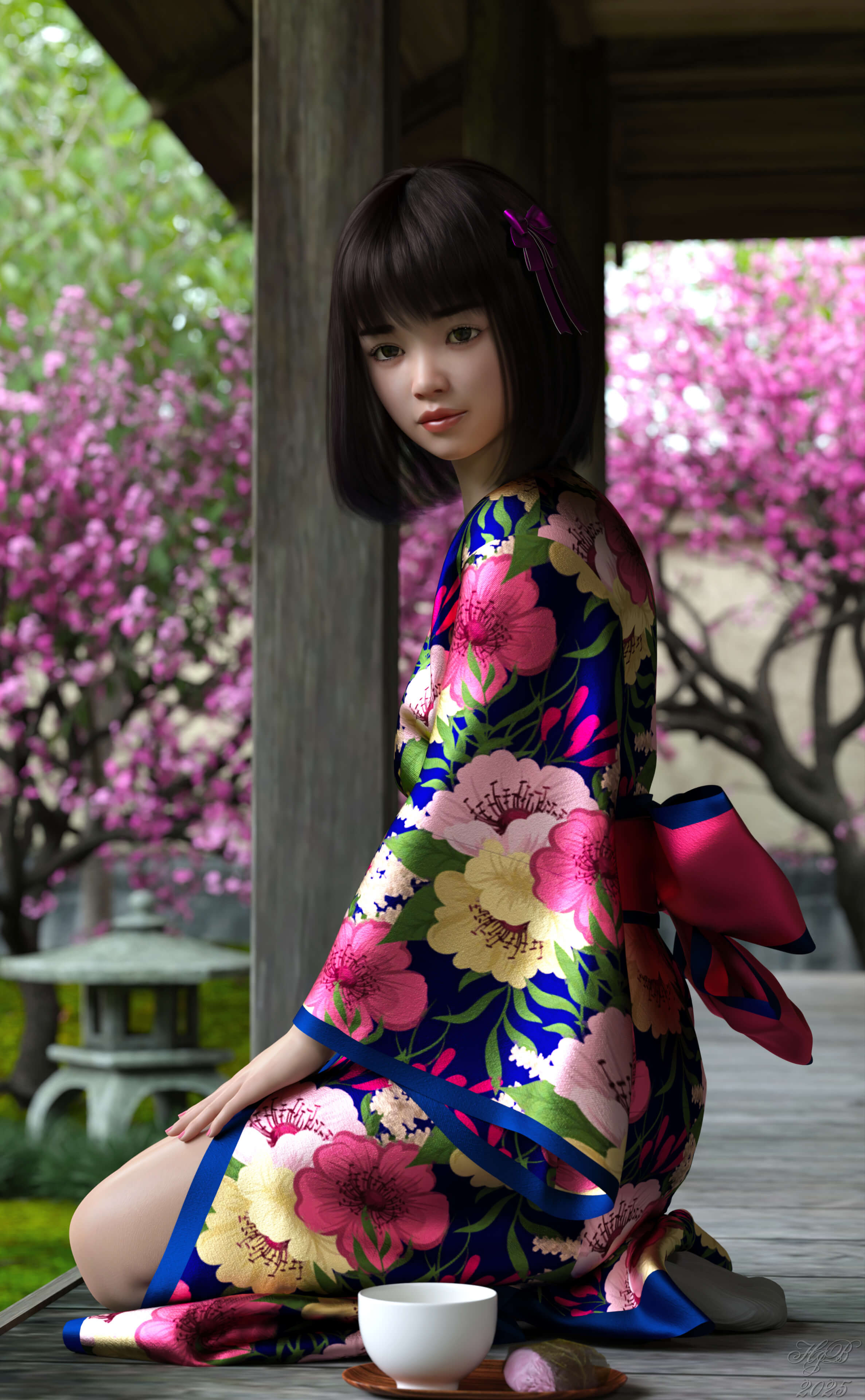 Asian Girl in a Teahouse 3D Render, Digital Art by Hajoba