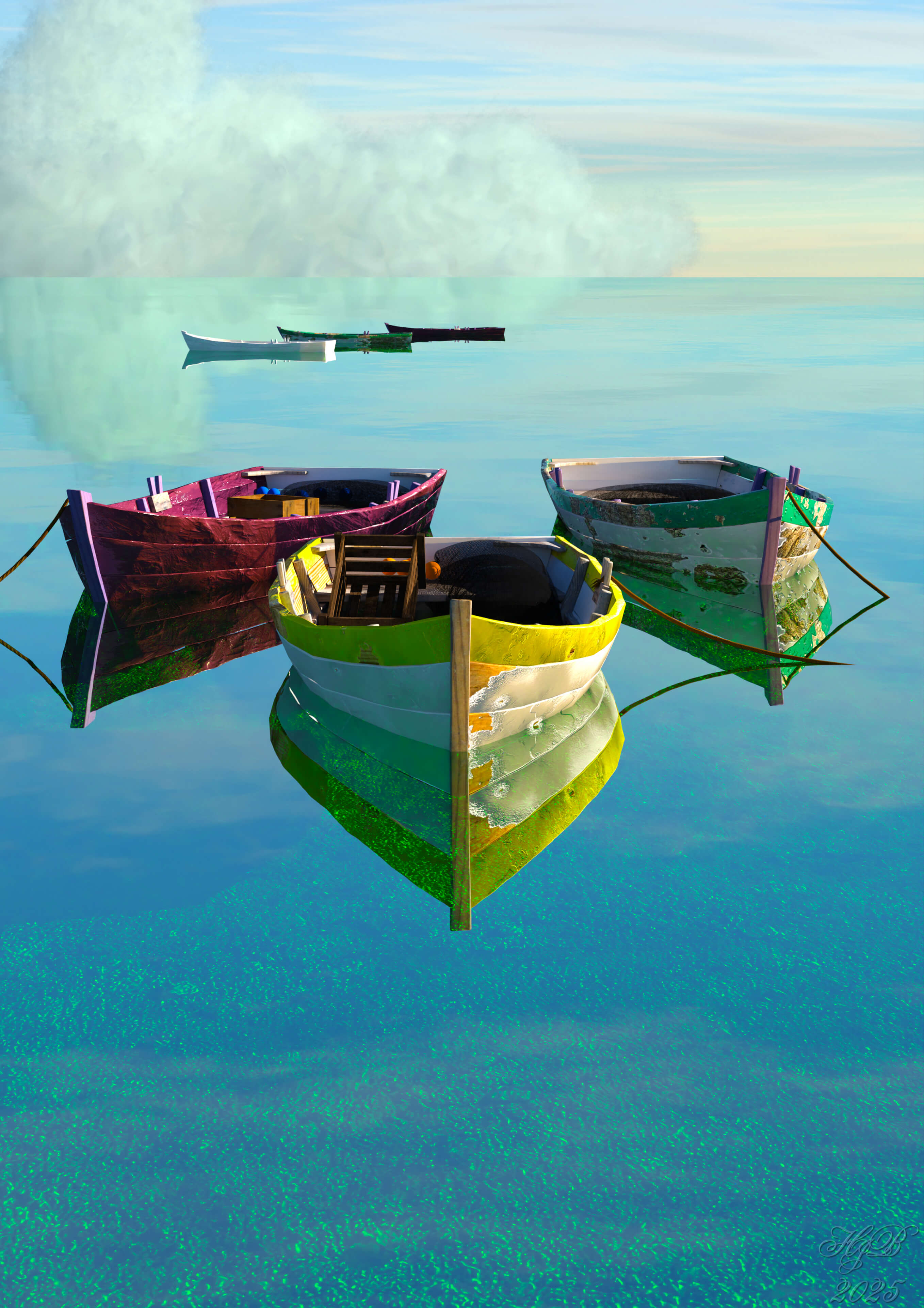 Fishing Boats 3D Render, Digital Art by Hajoba