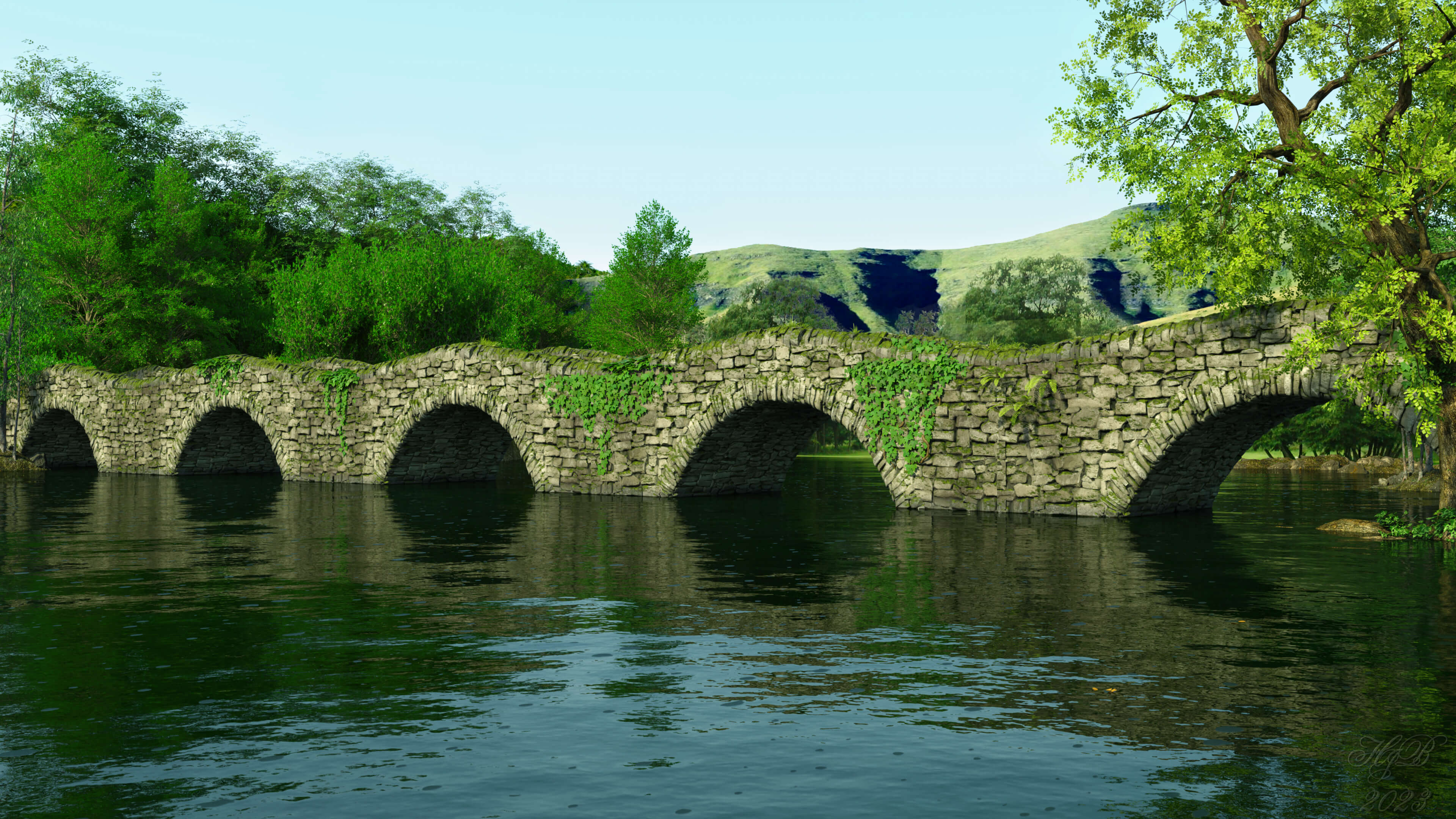 Green Water Bridge 3D Render, Digital Art by Hajoba