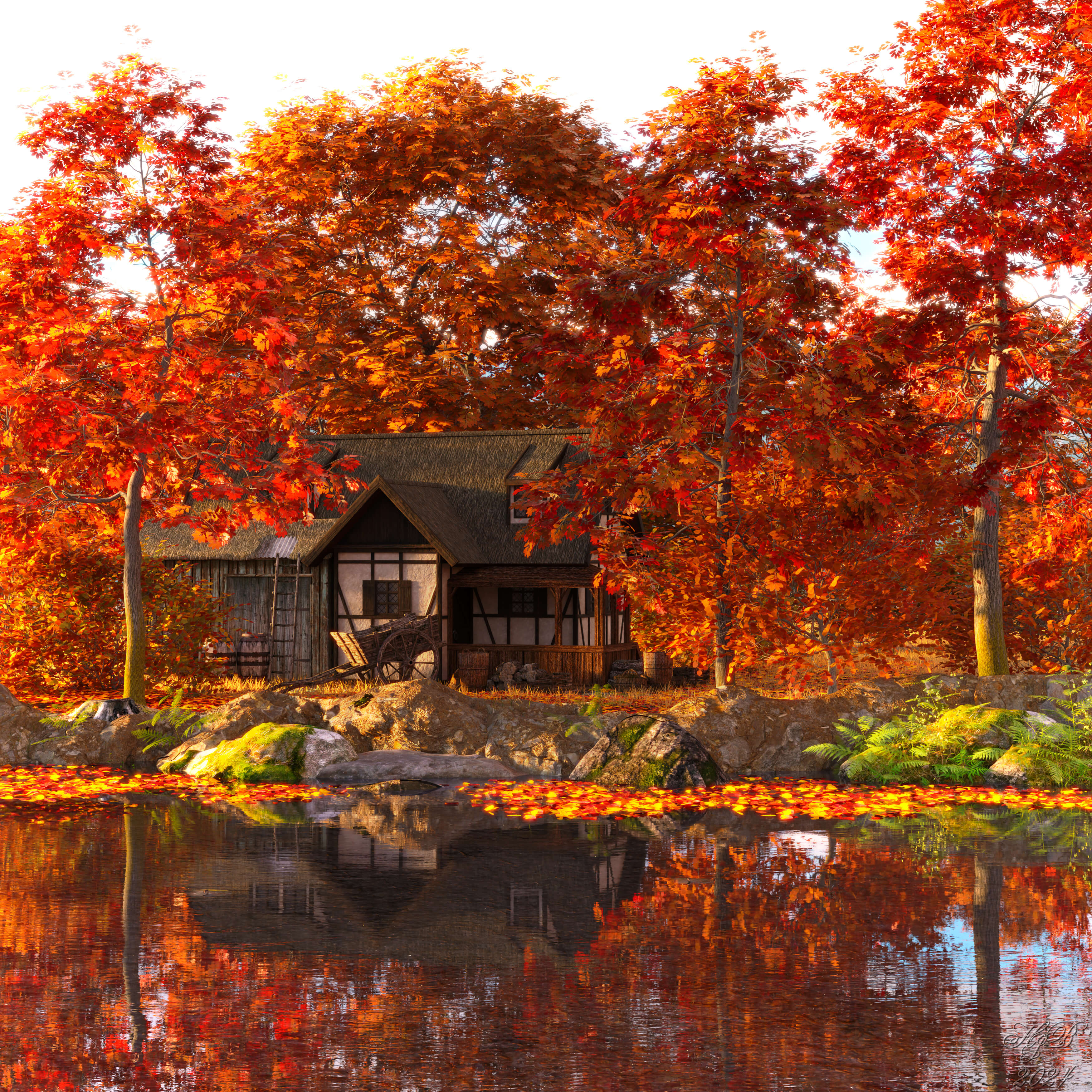 House By The Lake 3D Render, Digital Art by Hajoba