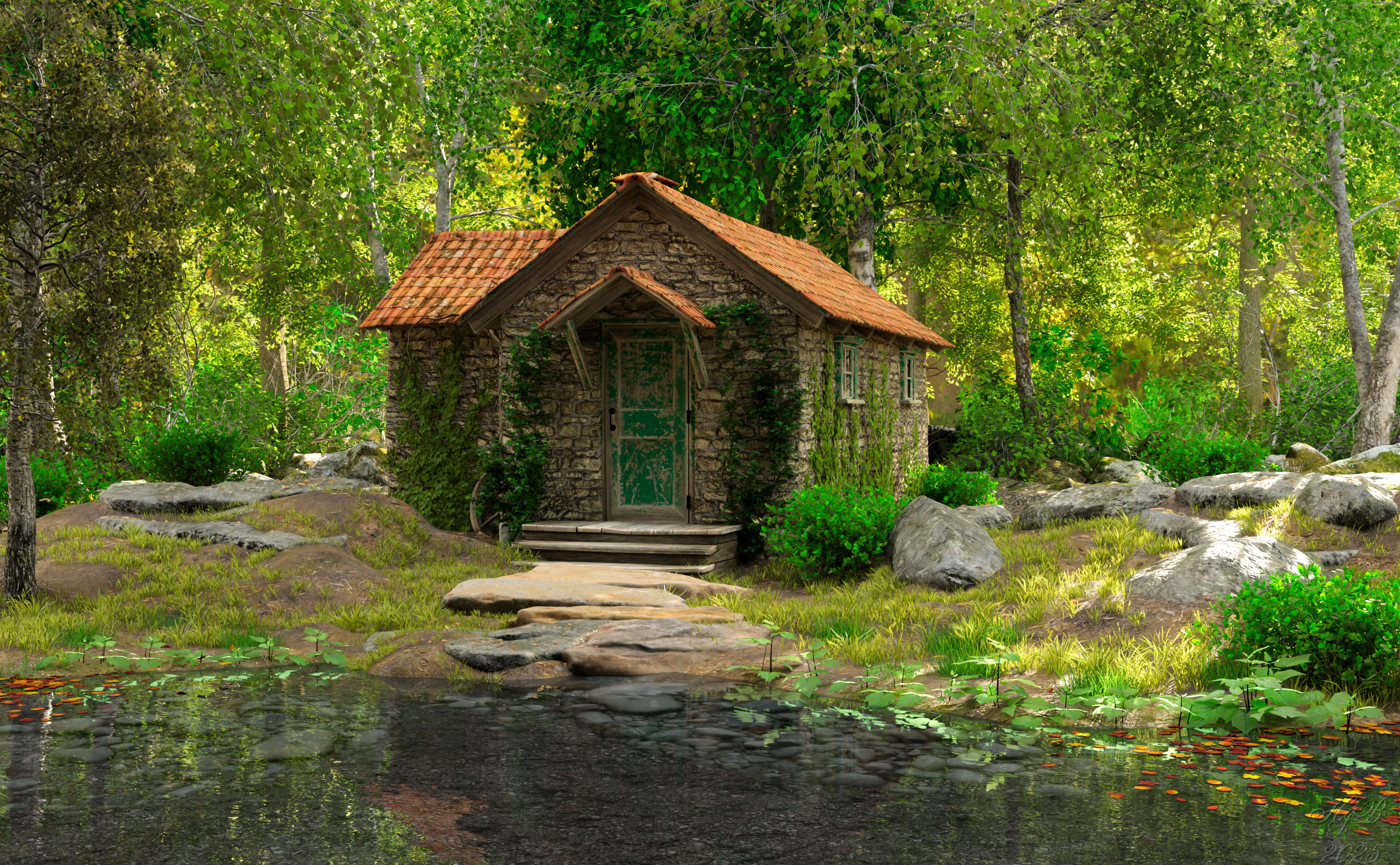 House by the River 3D Render, Digital Art by Hajoba