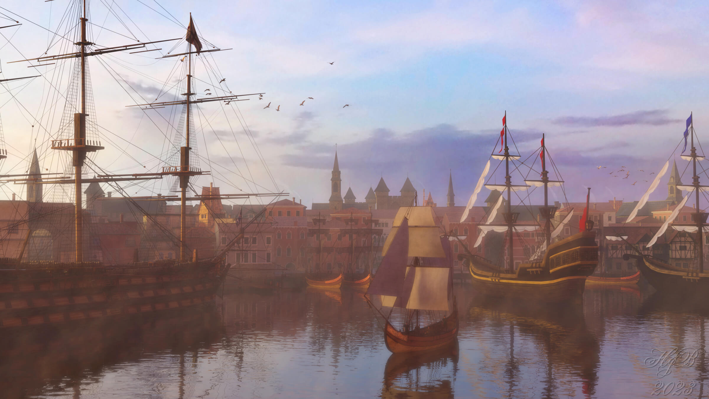 Medieval Port 3D Render, Digital Art by Hajoba