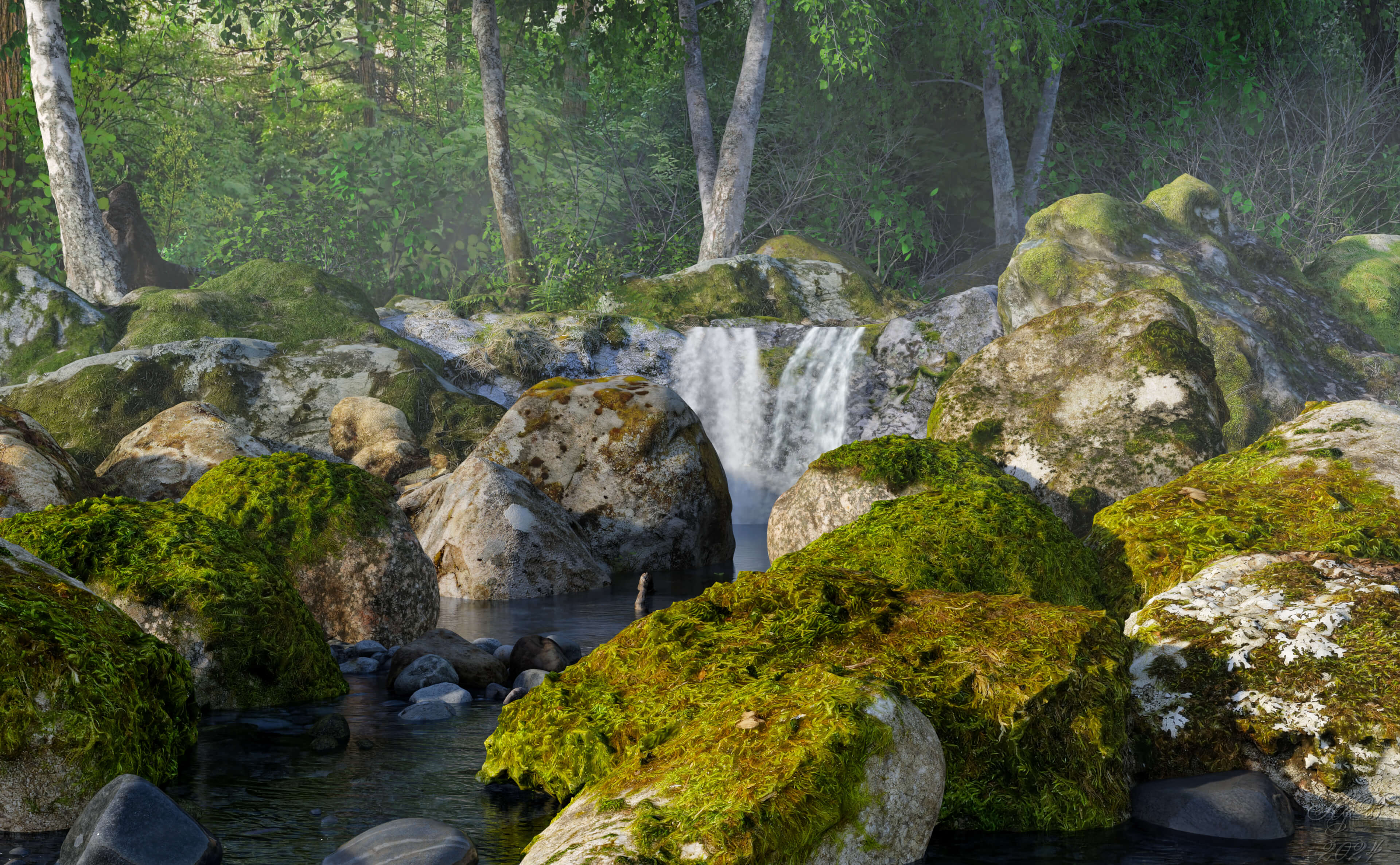 Mossy Rock Waterfall 3D Render, Digital Art by Hajoba