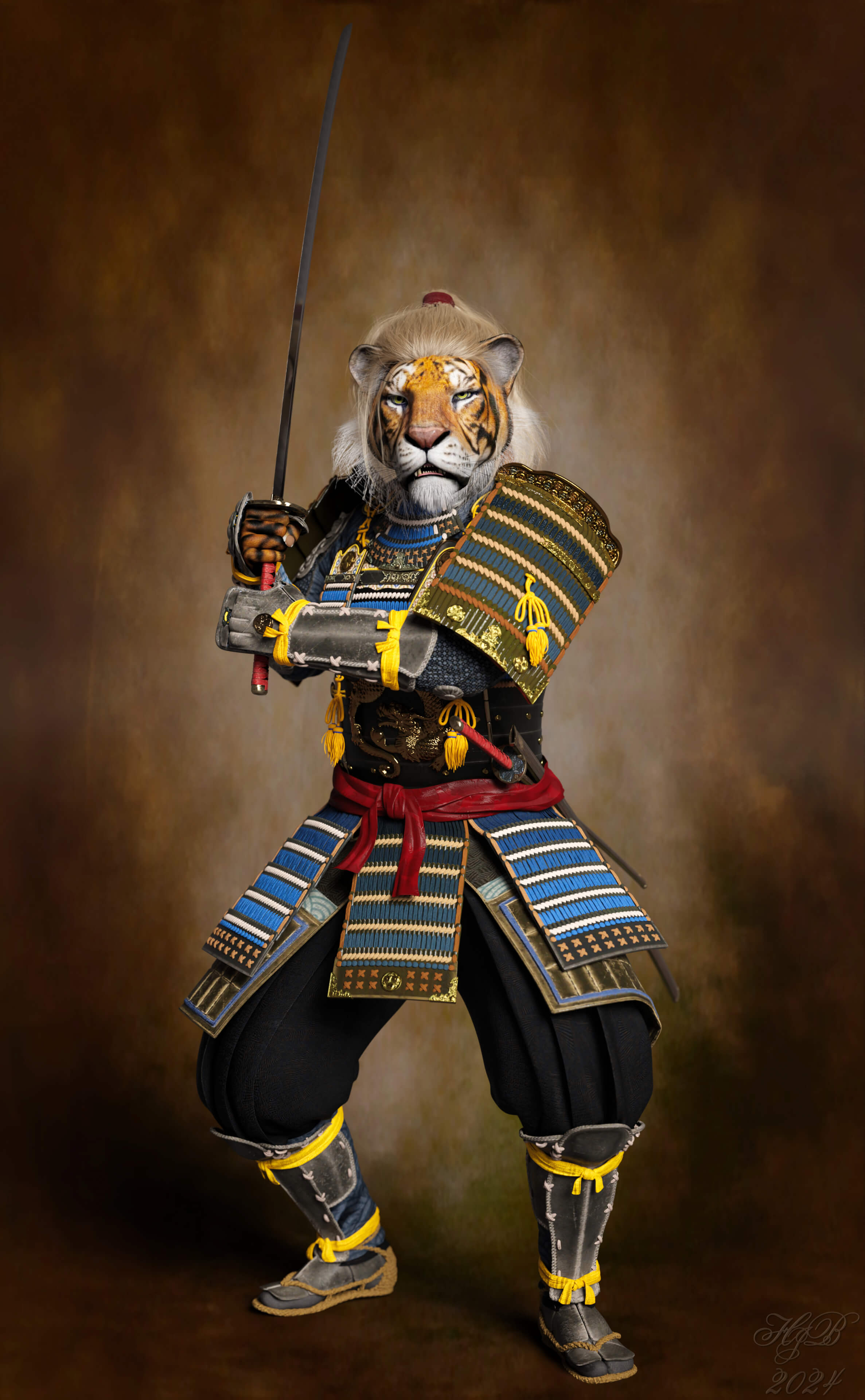 Tiger Samurai 3D Render, Digital Art by Hajoba