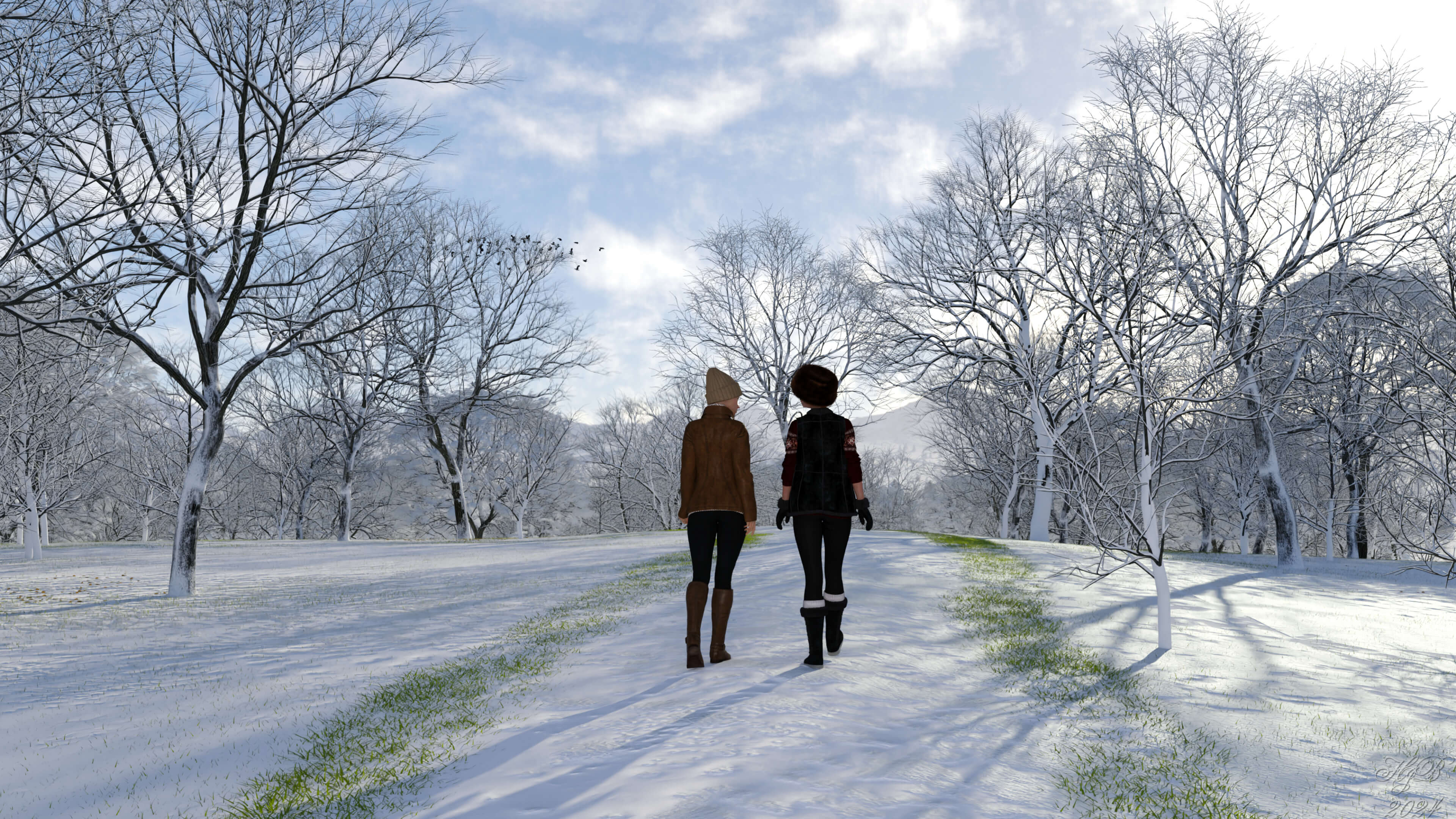 Winter Walk 3D Render, Digital Art by Hajoba