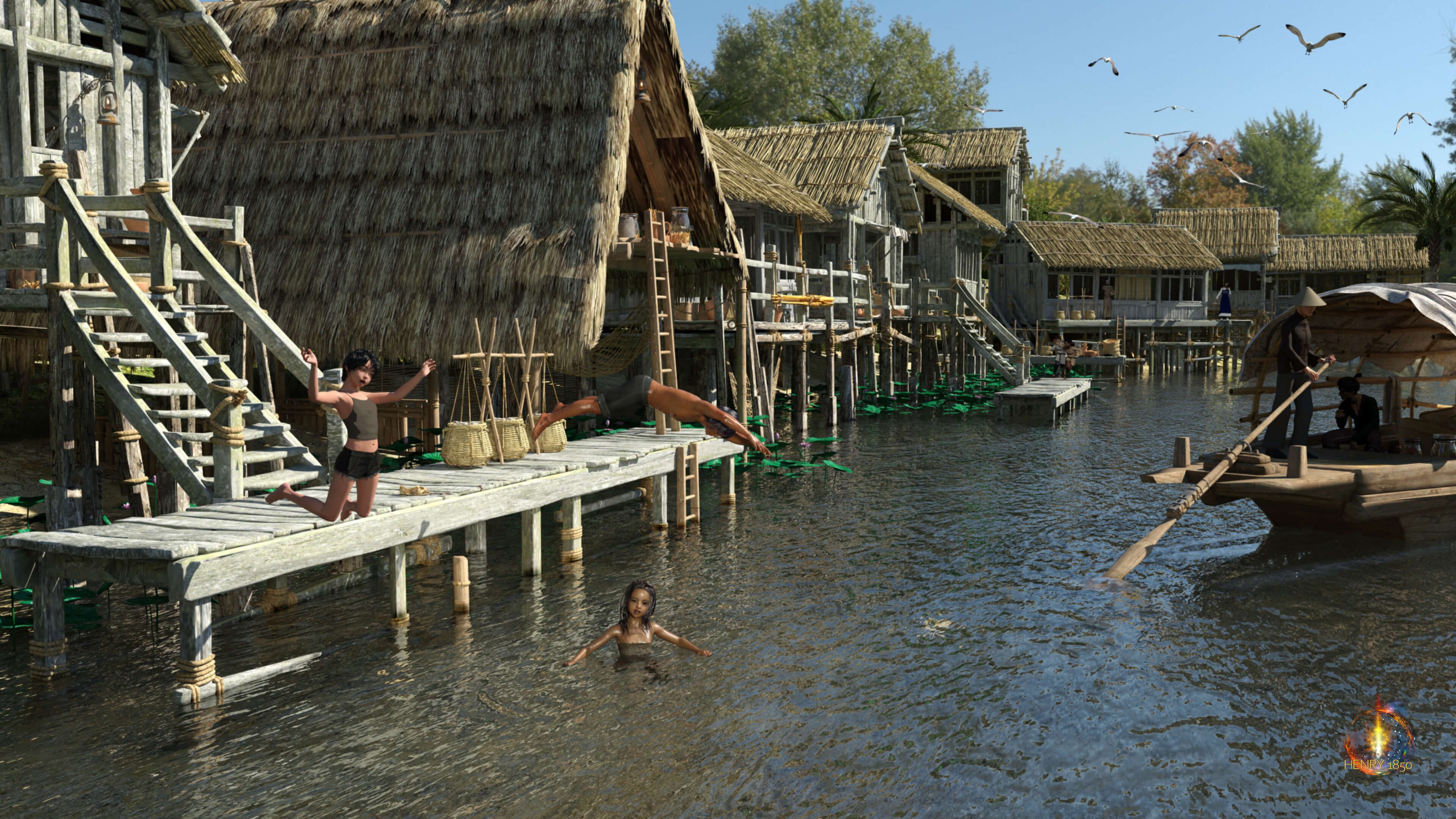 Fishing Village 3D Render, Digital Art by Henry1850