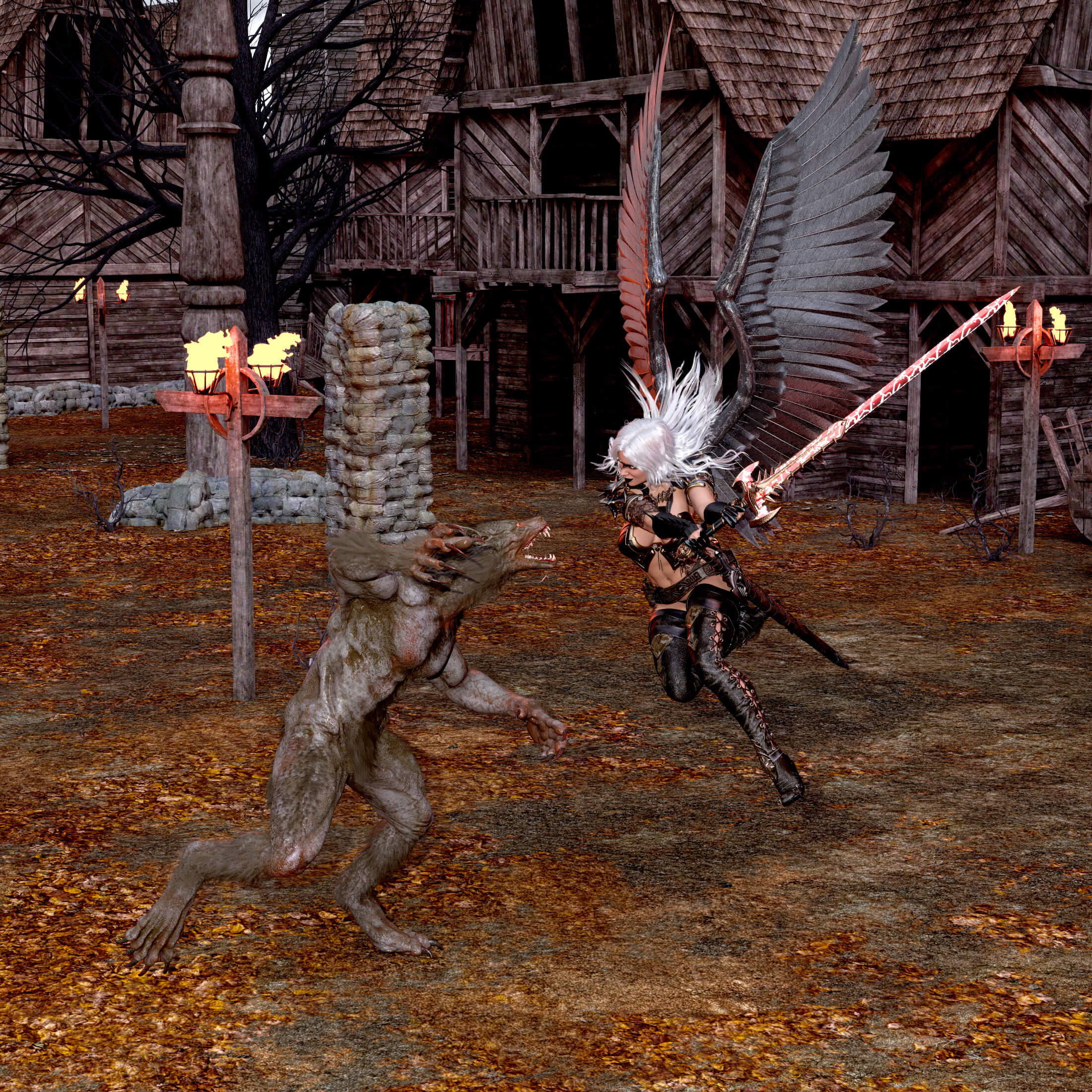 Dark Angel v Werewolf 3D Render, Digital Art by Hexdrake