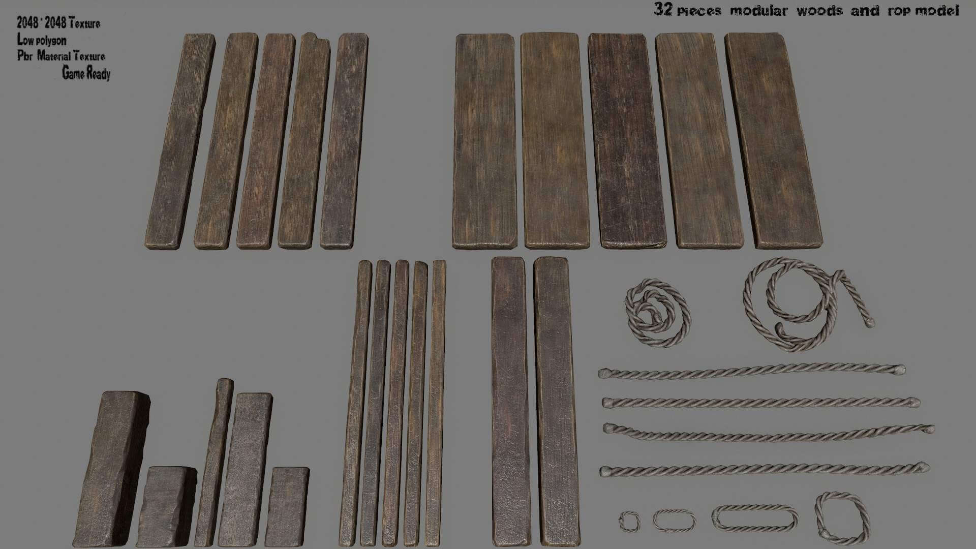 Wood Pieces and Rope - 3D Model by icekazim