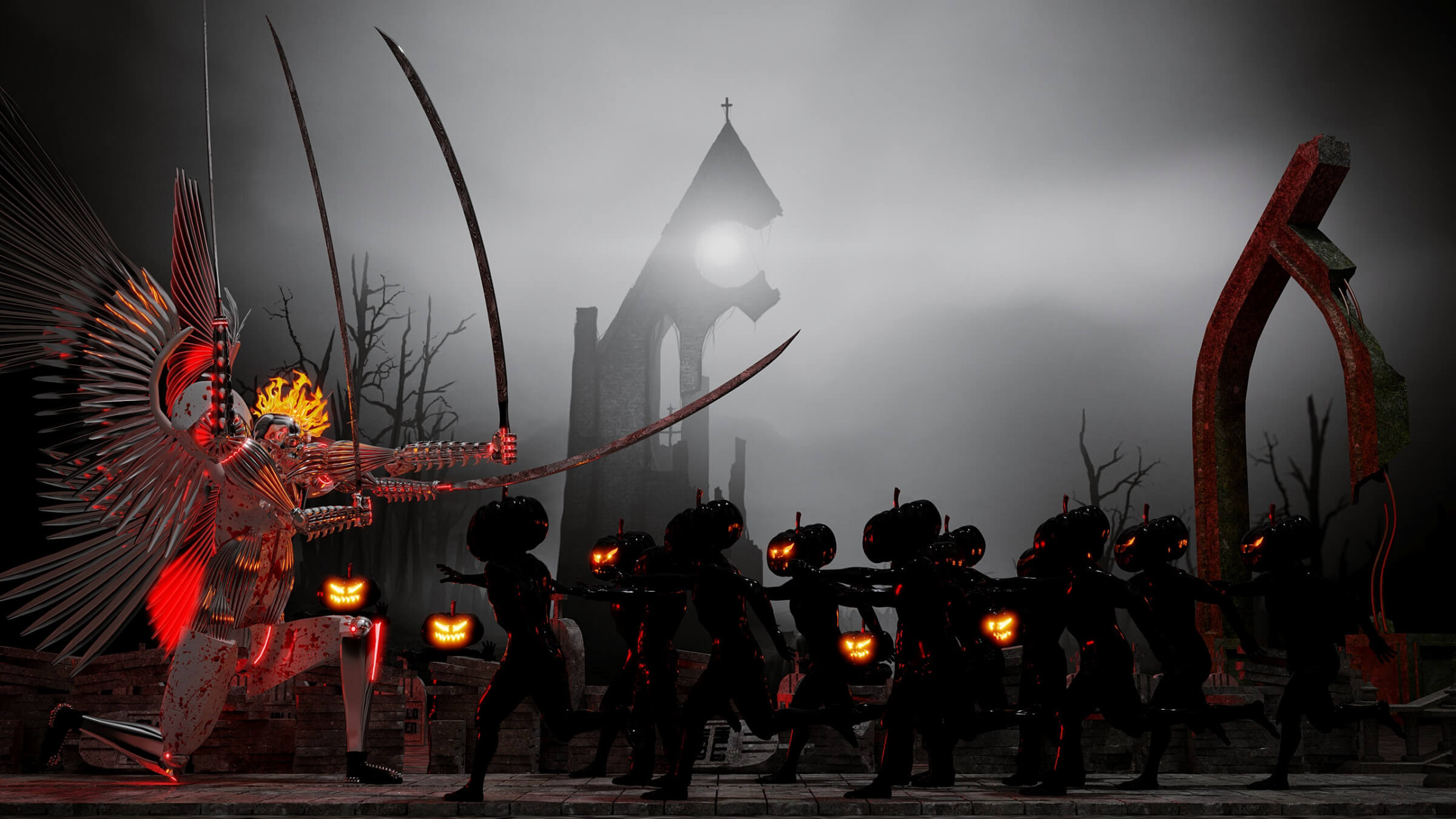 Cyberangel vs zombie-pumpkins 3D Render by IlyaOsipov95