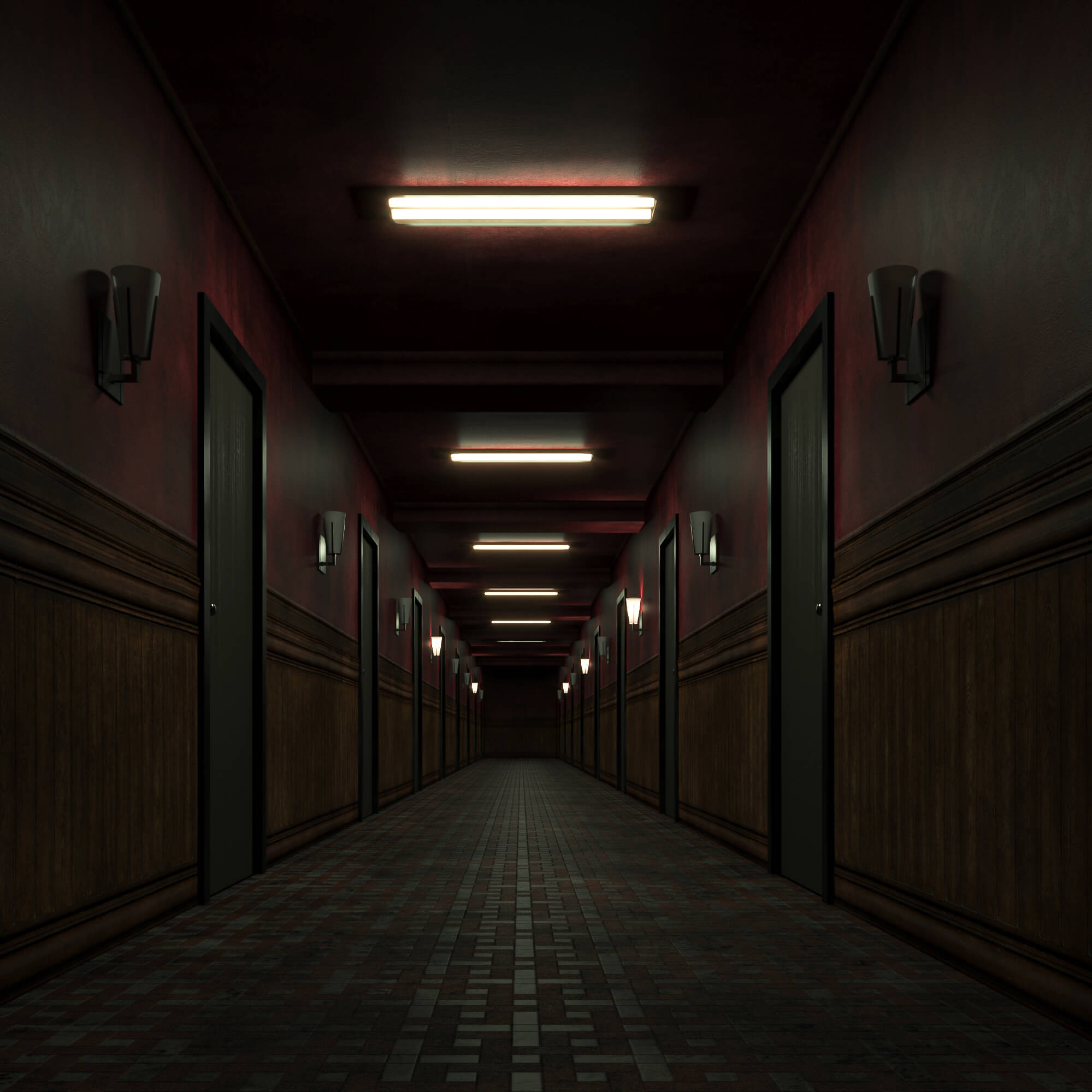 Old dark scary red corridor 03 3D Render by infinity vision