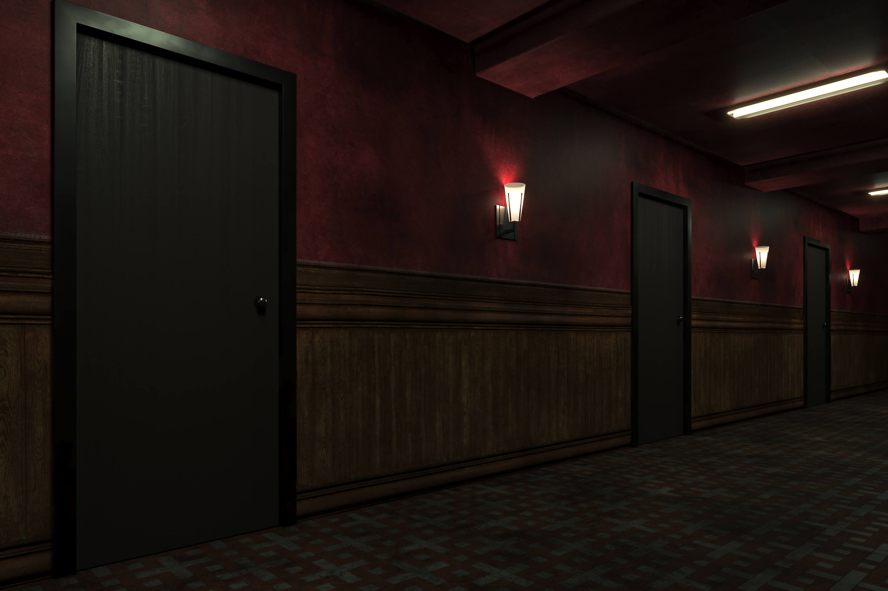 Old dark scary red corridor 03 3D Render by infinity vision