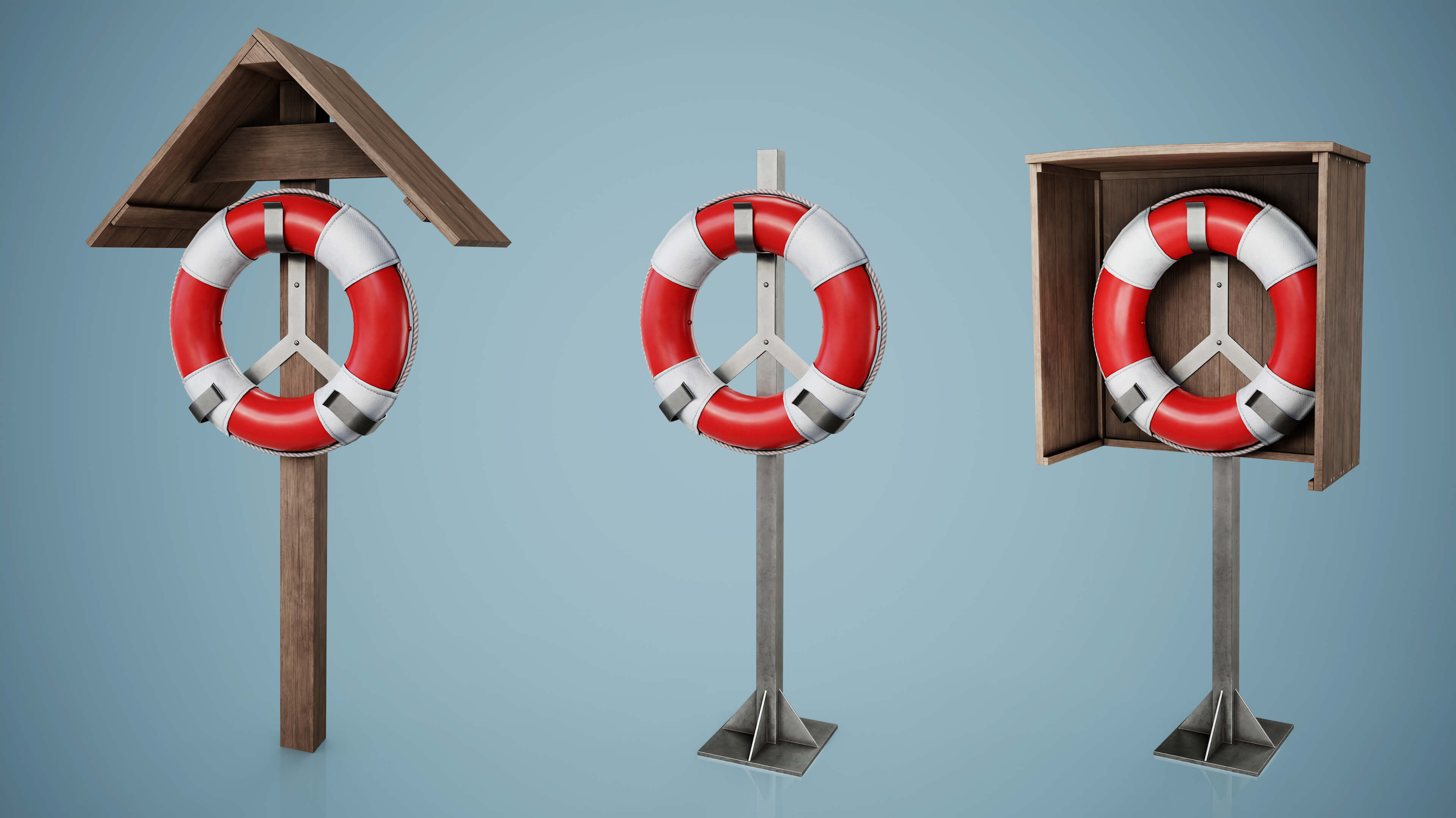 Set of 3 Lifebuoy on Holders - 3D Model by iQuon