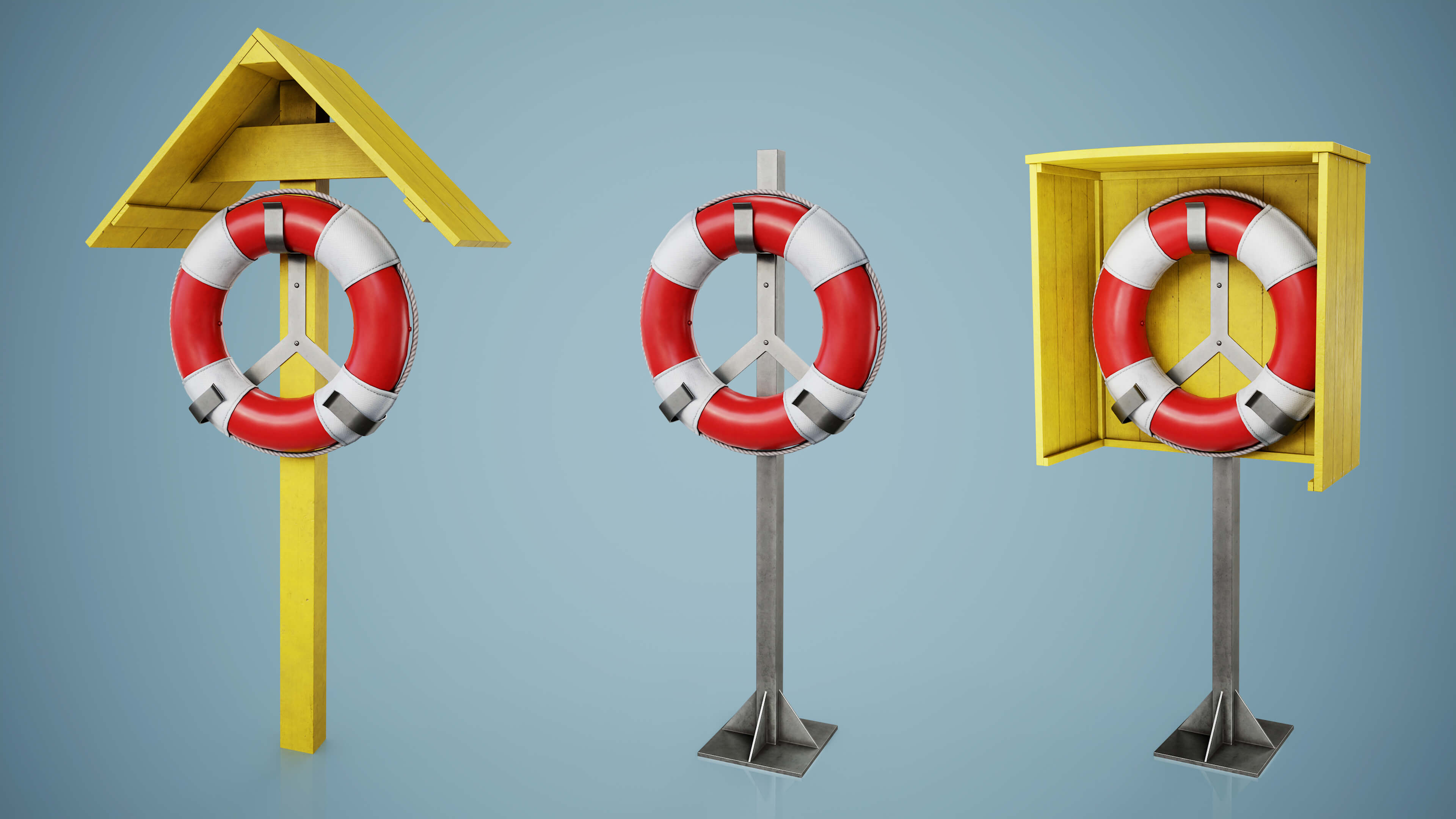Set of 3 Lifebuoy on Holders - 3D Model by iQuon