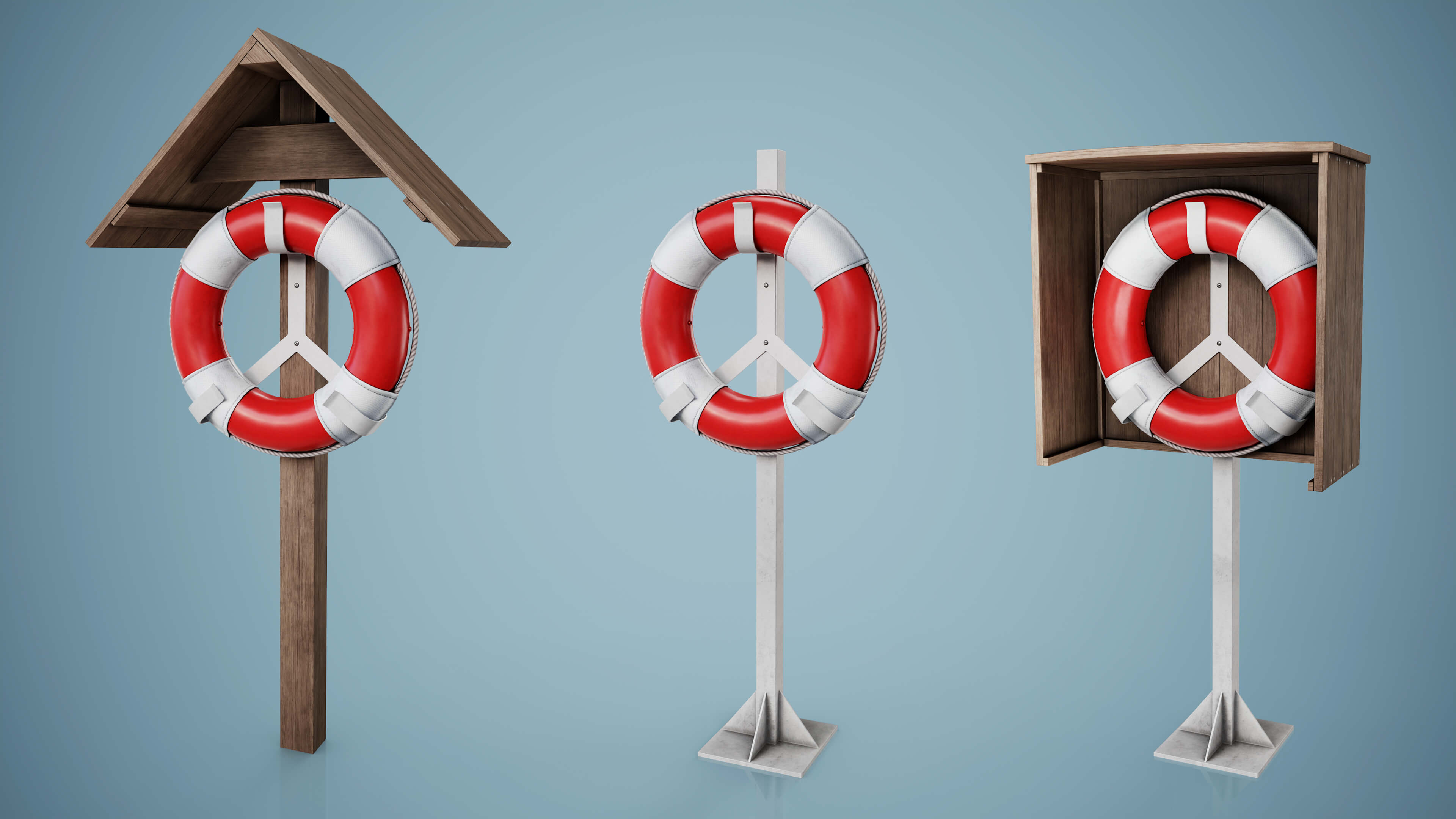 Set of 3 Lifebuoy on Holders - 3D Model by iQuon