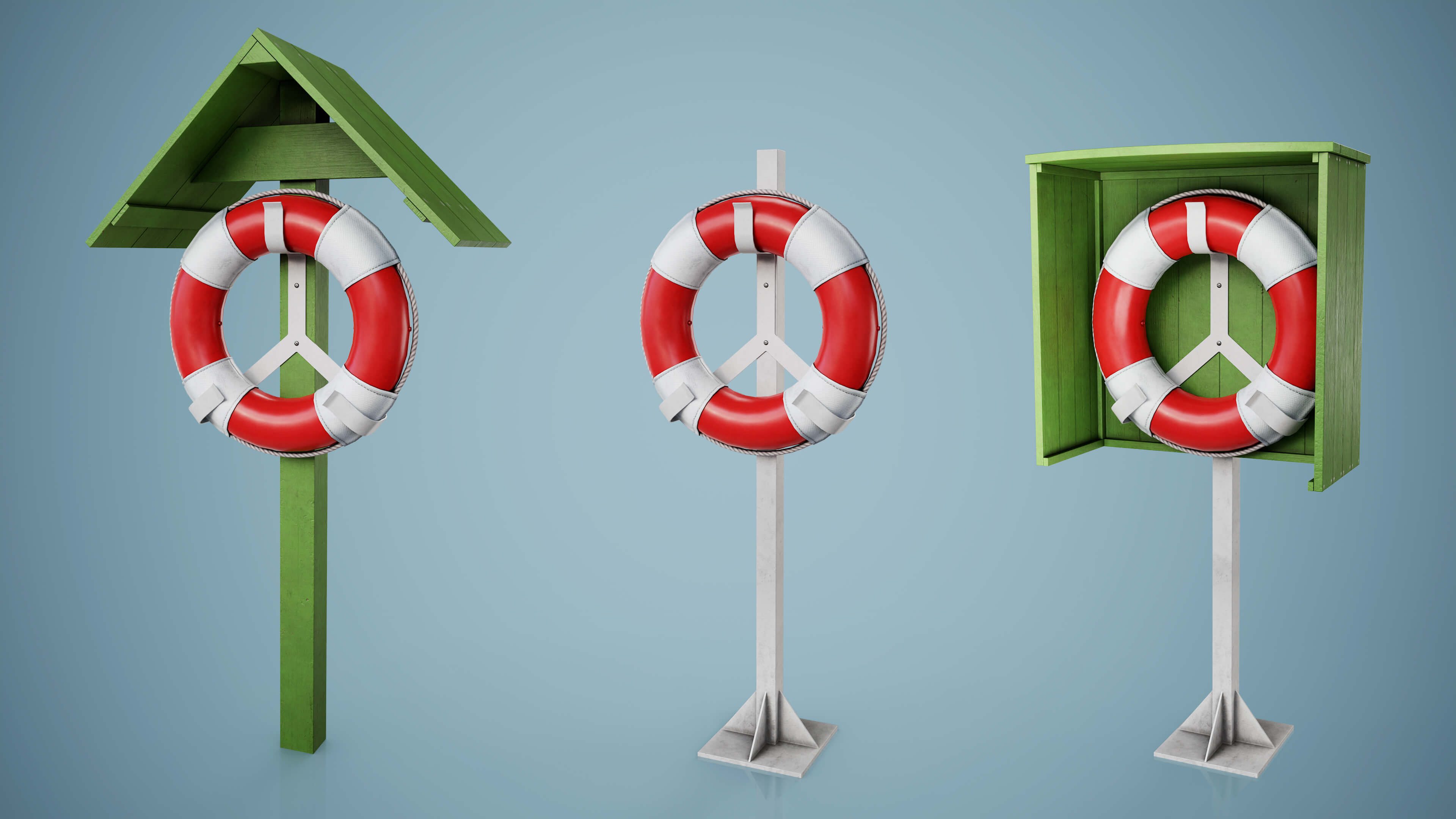 Set of 3 Lifebuoy on Holders - 3D Model by iQuon