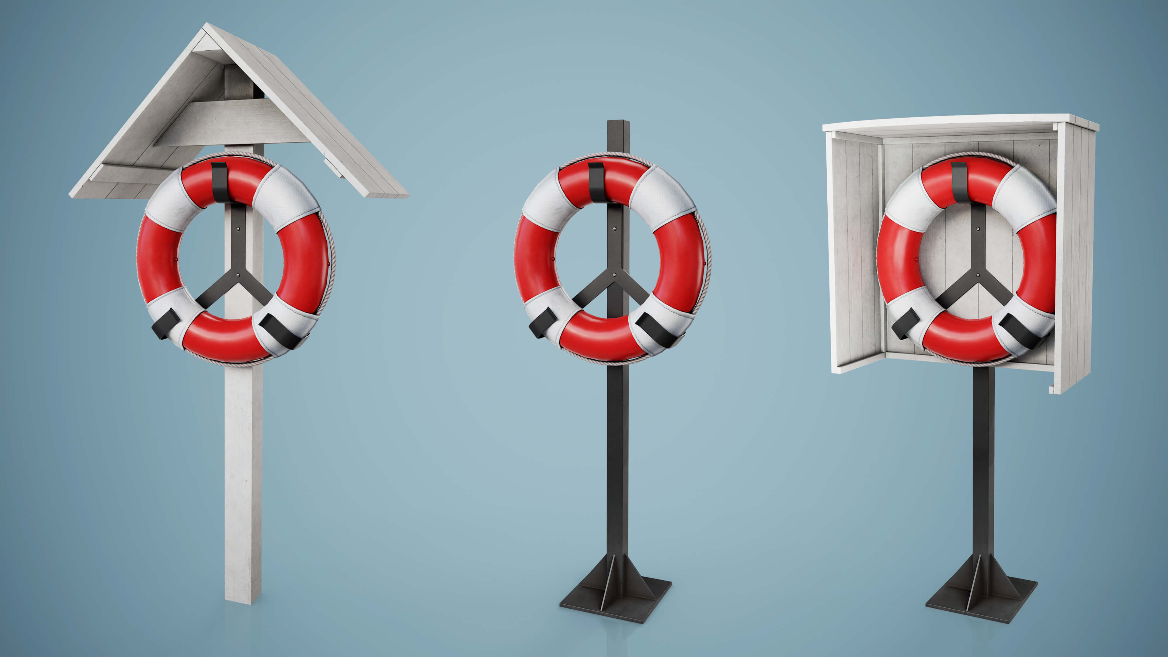 Set of 3 Lifebuoy on Holders - 3D Model by iQuon
