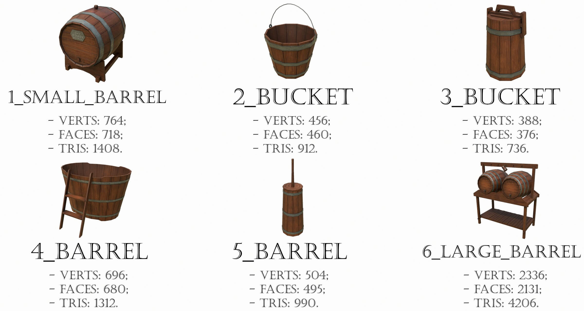 Set of 6 Medieval Wooden Barrels and Buckets - 3D Model by iQuon