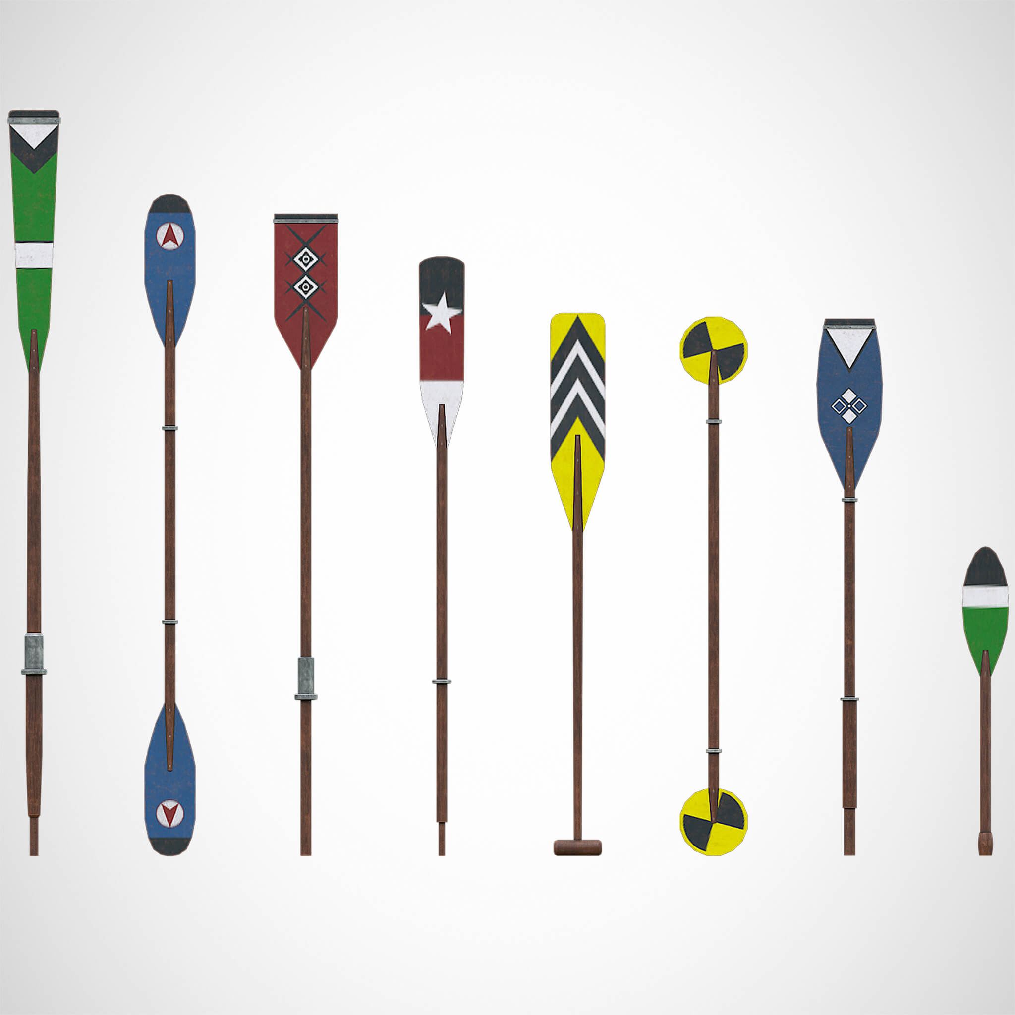 Set of 8 Painted Wooden Paddles - 3D Model by iQuon