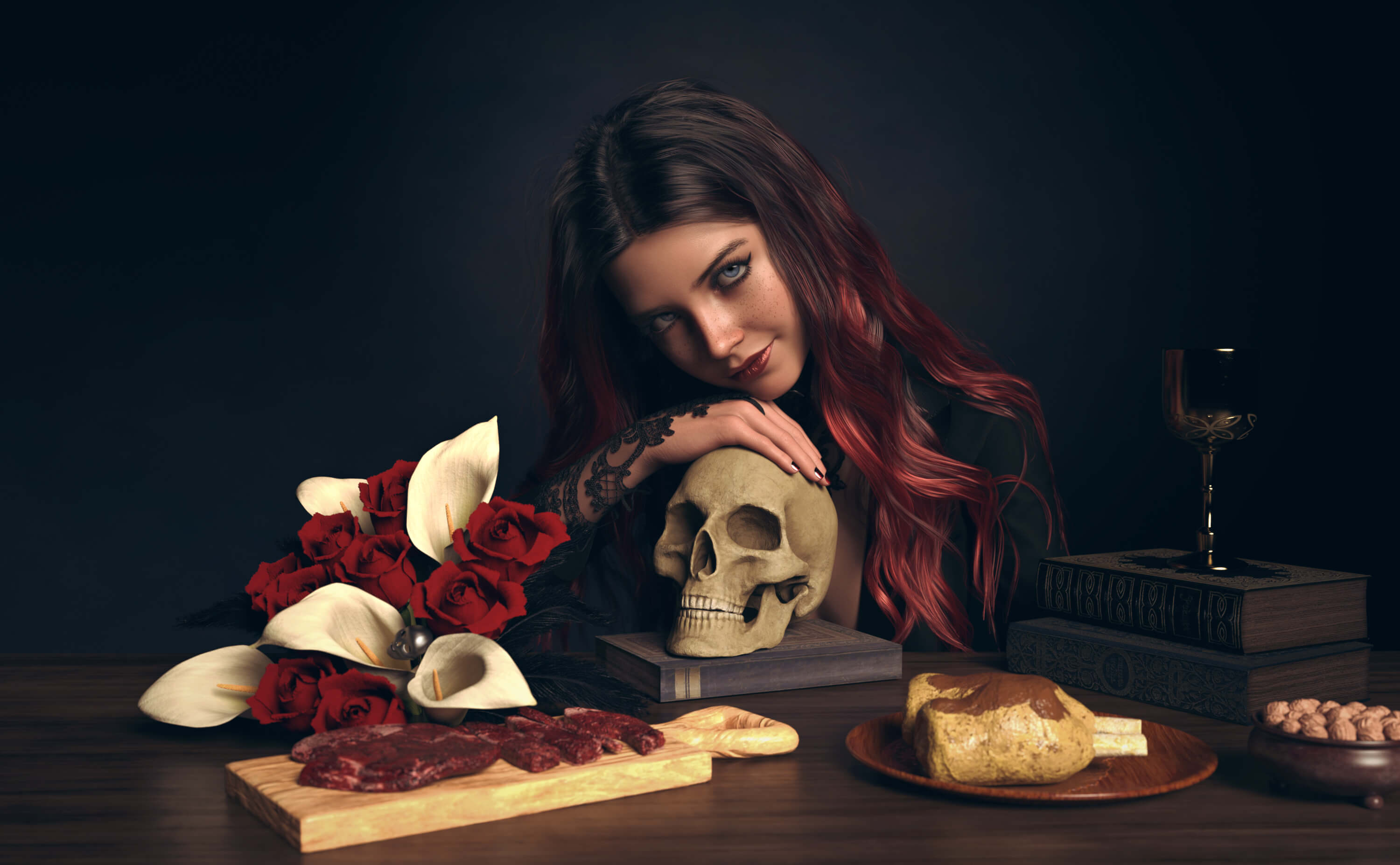 Olivia Dinner Table Portrait 3D Render, Digital Art by jakonoid