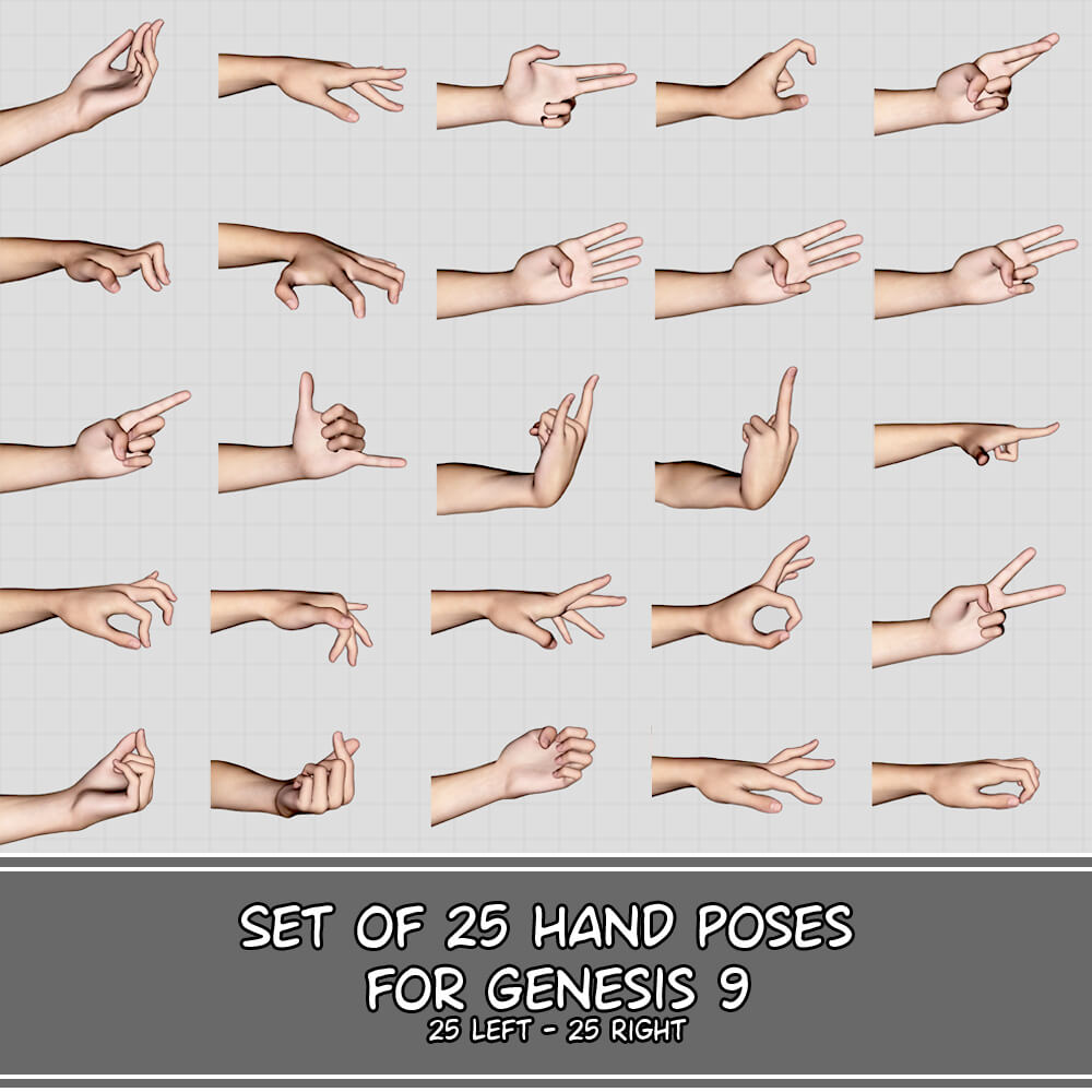 Set of 25 Hand Poses for Genesis 9 - Daz Content by janey