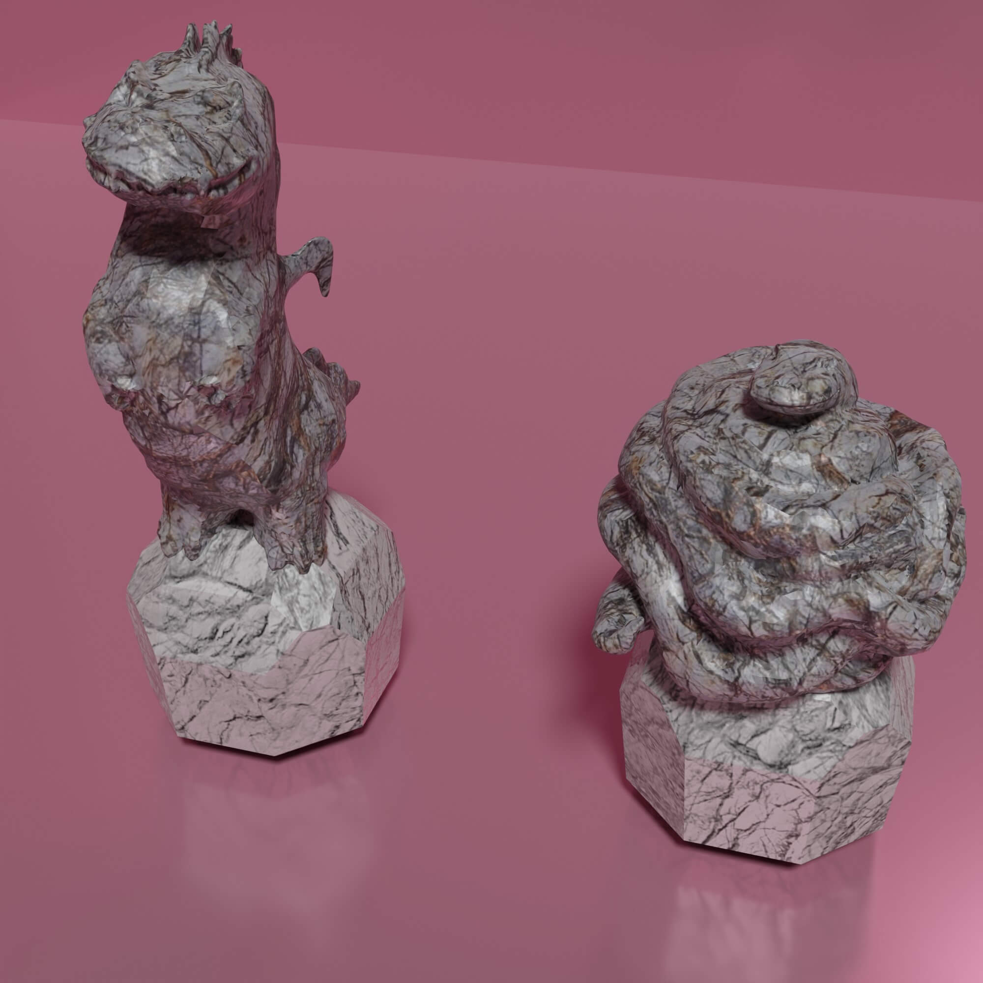 Dragon and Snake Statues on Stones - 3D Model by japanzanuda