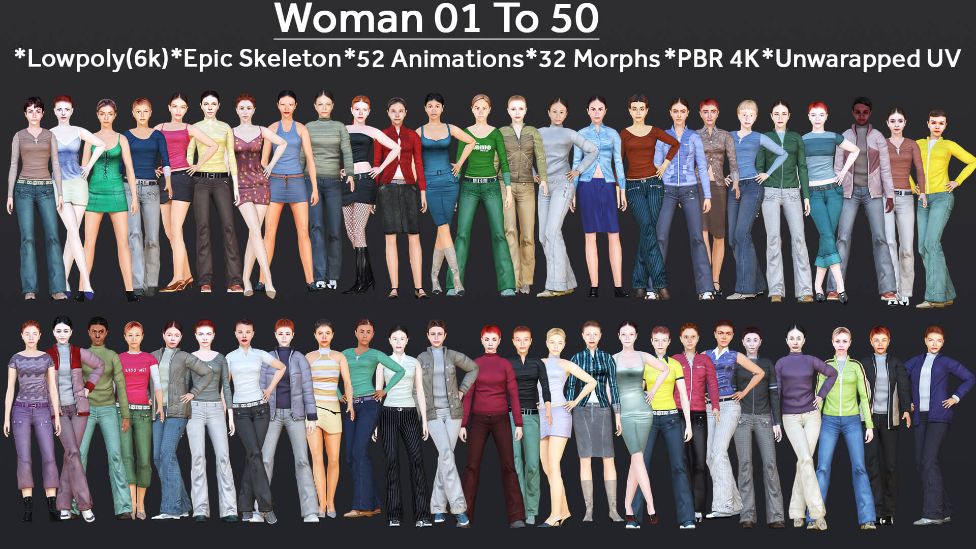 Woman 1 To 50 With 52 Animations 32 Morphs - 3D Model by jasirkt