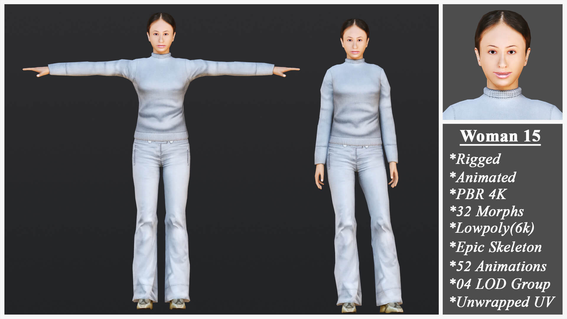 Woman 15 With 52 Animations 32 Morphs - 3D Model by jasirkt