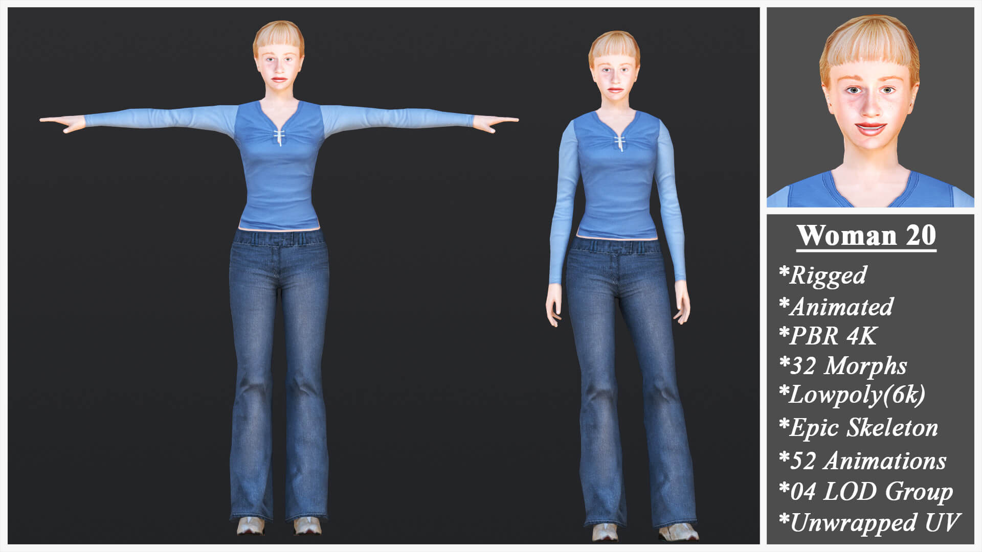 Woman 20 With 52 Animations 32 Morphs - 3D Model by jasirkt